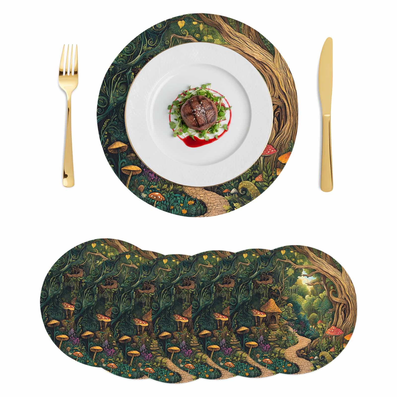 Forest Round Placemats Set of 6 Vintage Cottage Mushroom Tree Floral ...