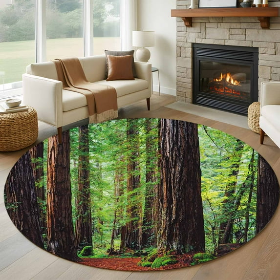 Forest Round Rug 7ft Washable Circle Rugs Non Slip Modern Art Summer ...