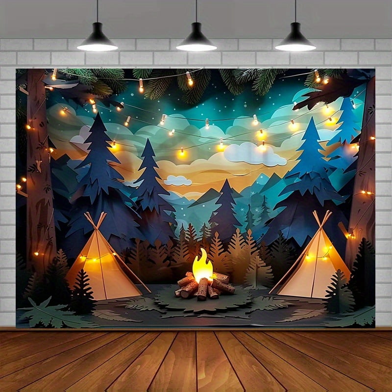 Forest Scene Camping Backdrop Night Campfire Tent Camping Adventure ...