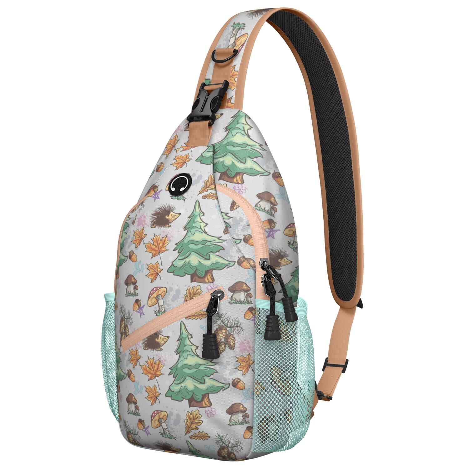 Forest Scene Sling Backpack with Cute Cartoon Hedgehog and Floral ...