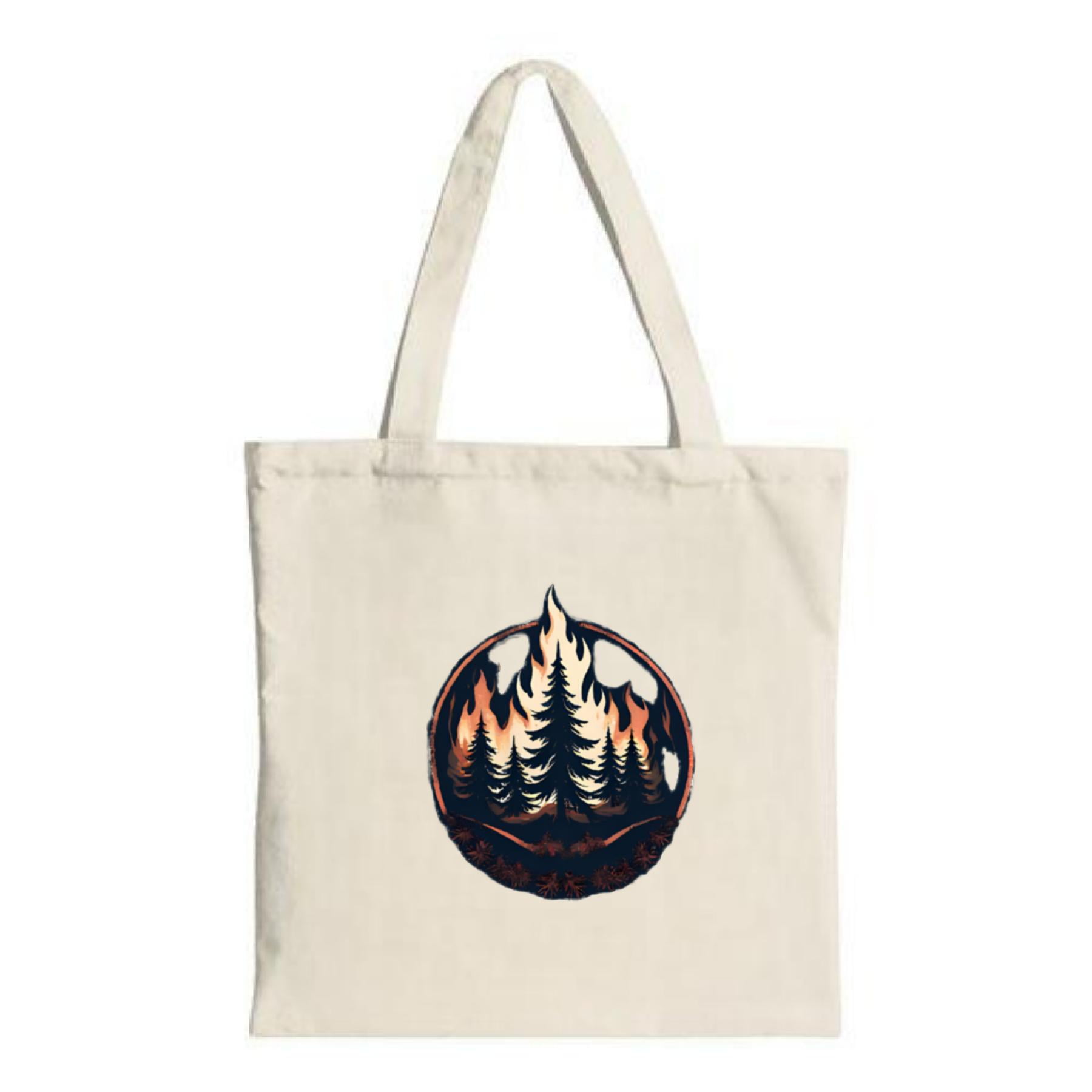 Forest Scene Tote Bag - Natural Design with Trees Ablaze in Dark Orange ...