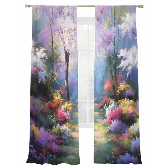 Forest Sheer Curtains 2 Panels Set Oil Painting Spring Colored Flowers ...
