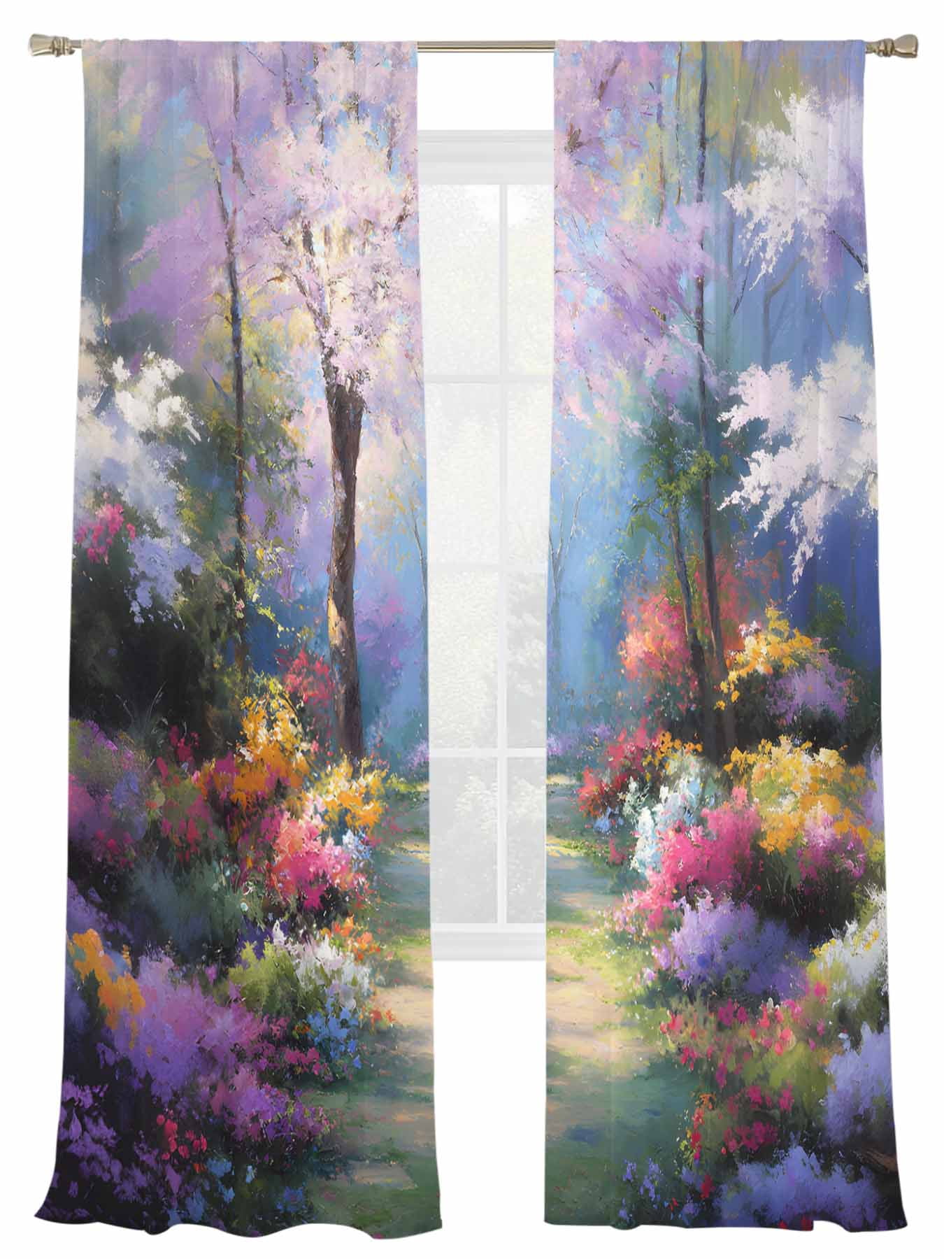 Forest Sheer Curtains 2 Panels Set Oil Painting Spring Colored Flowers ...