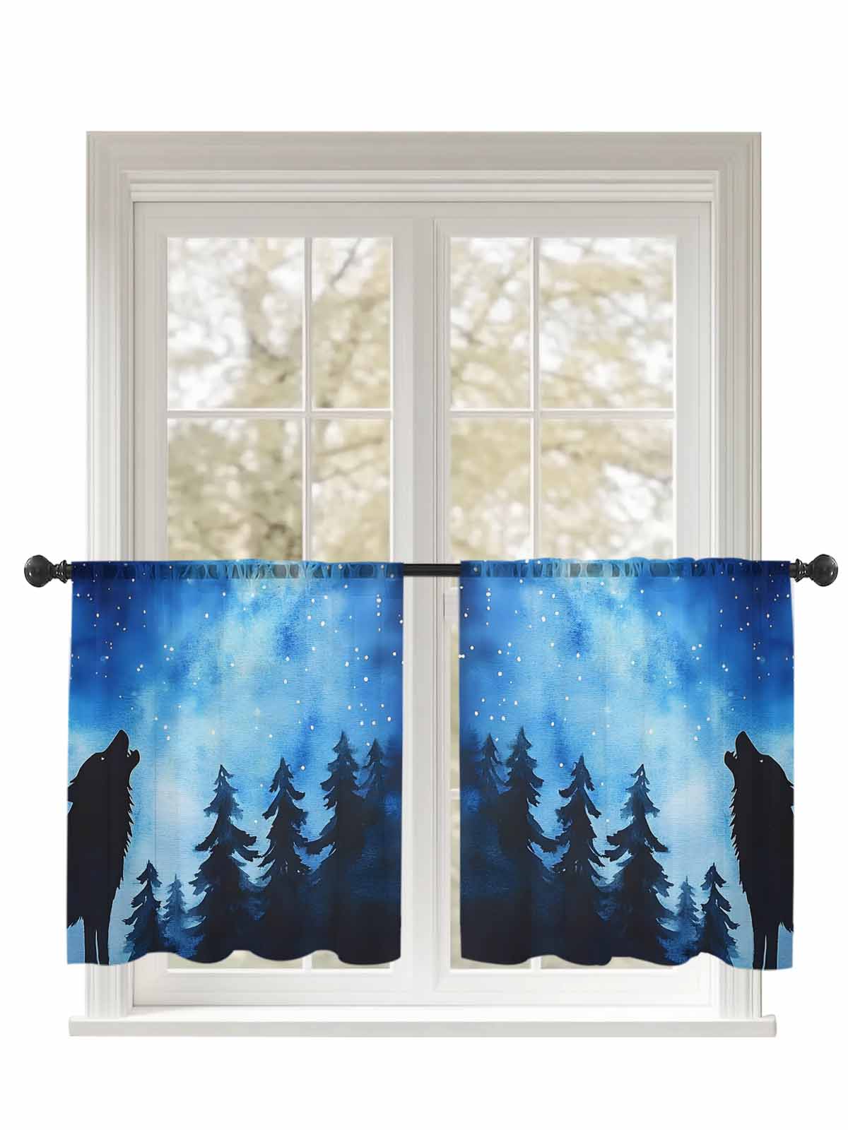 Forest Sheer Curtains 2 Panels Set Wolf Stars Silhouette Night Blue Sky ...