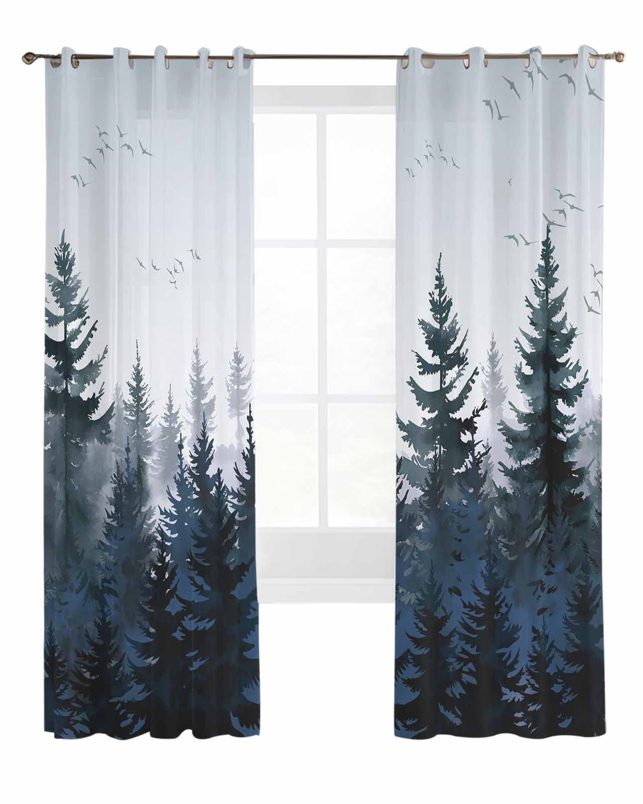 Forest Sheer Curtains 96 Inch Length 2 Panels Dark Blue Fall Bird ...