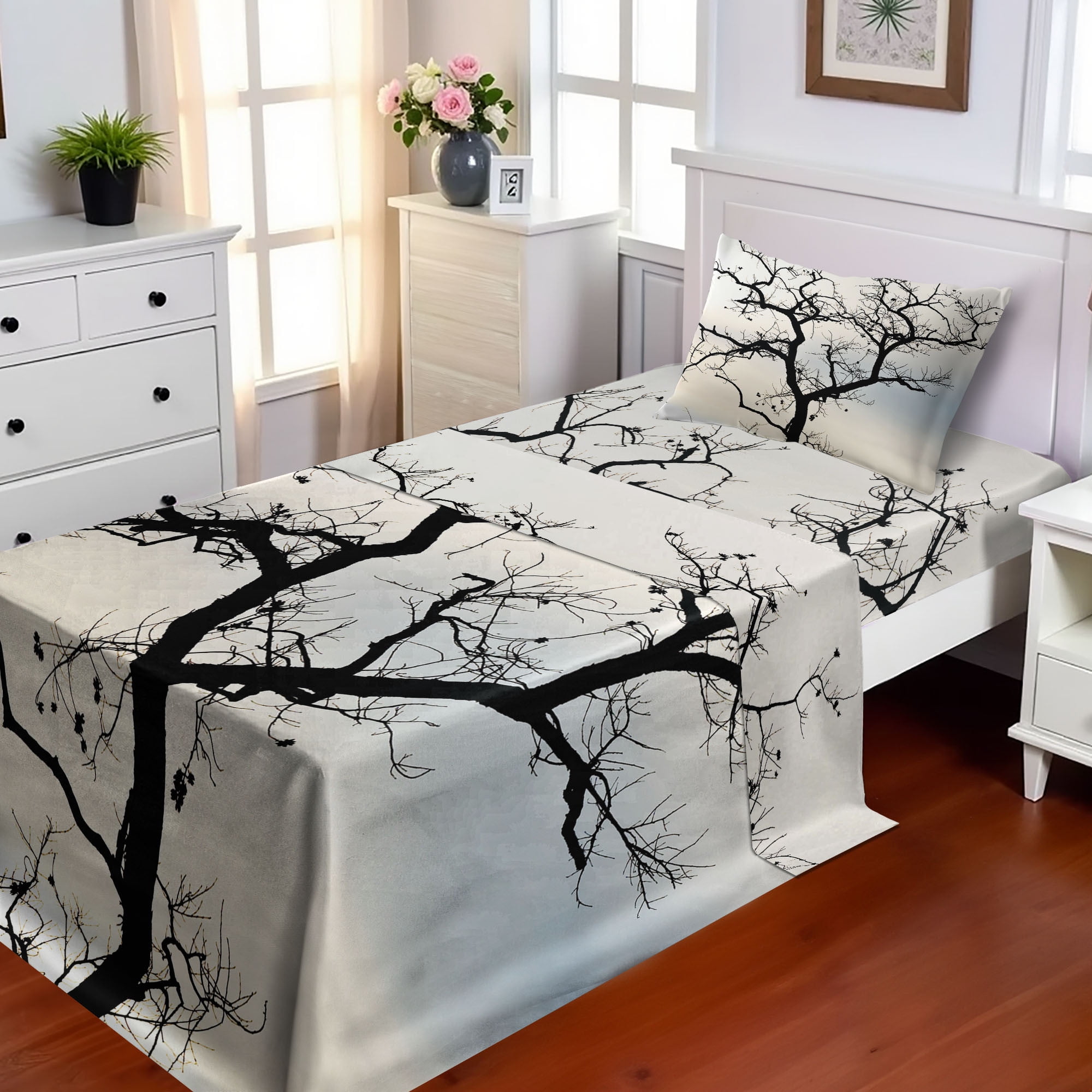 Ambesonne Forest Fitted & Top Sheet Set with Sham, Black Fall Tree ...