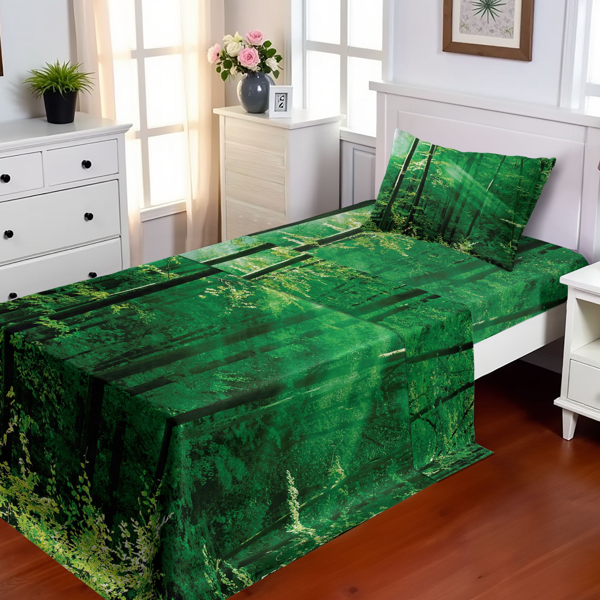Forest Sheet Set, Sun Rays Bursting into the Forest Trees Foliage Misty Morning Serenity Picture ...