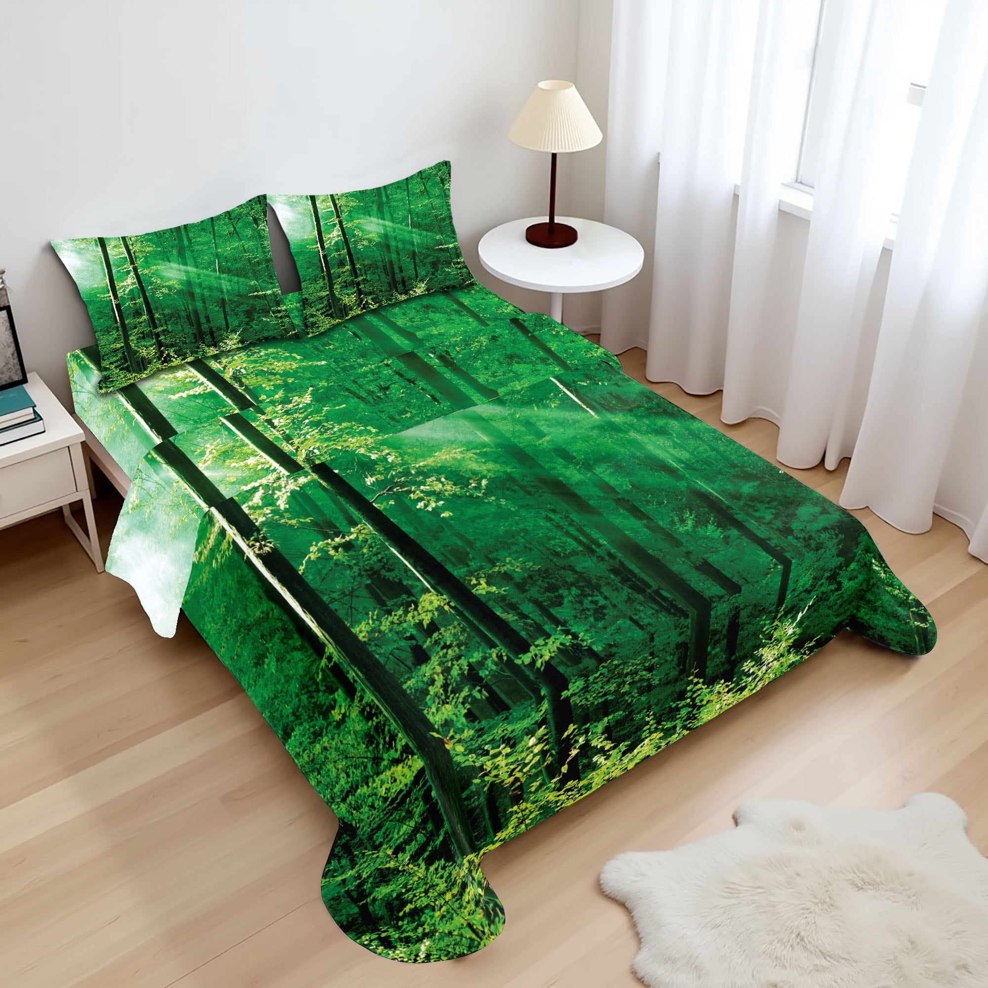 Forest Sheet Set, Sun Rays Bursting into the Forest Trees Foliage Misty ...
