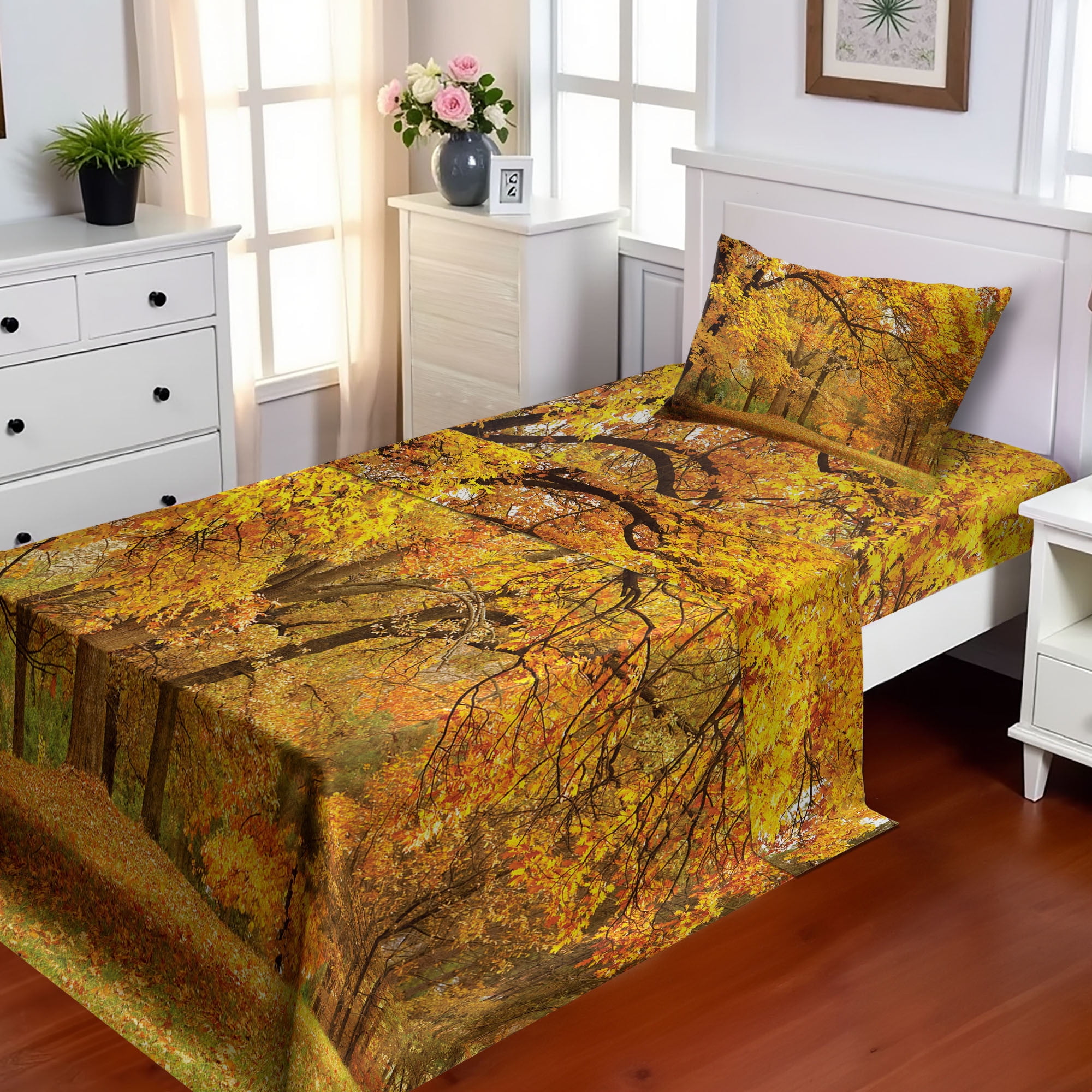 Ambesonne Scenery Fitted & Top Sheet Set with Sham, Fall Pale Maple ...