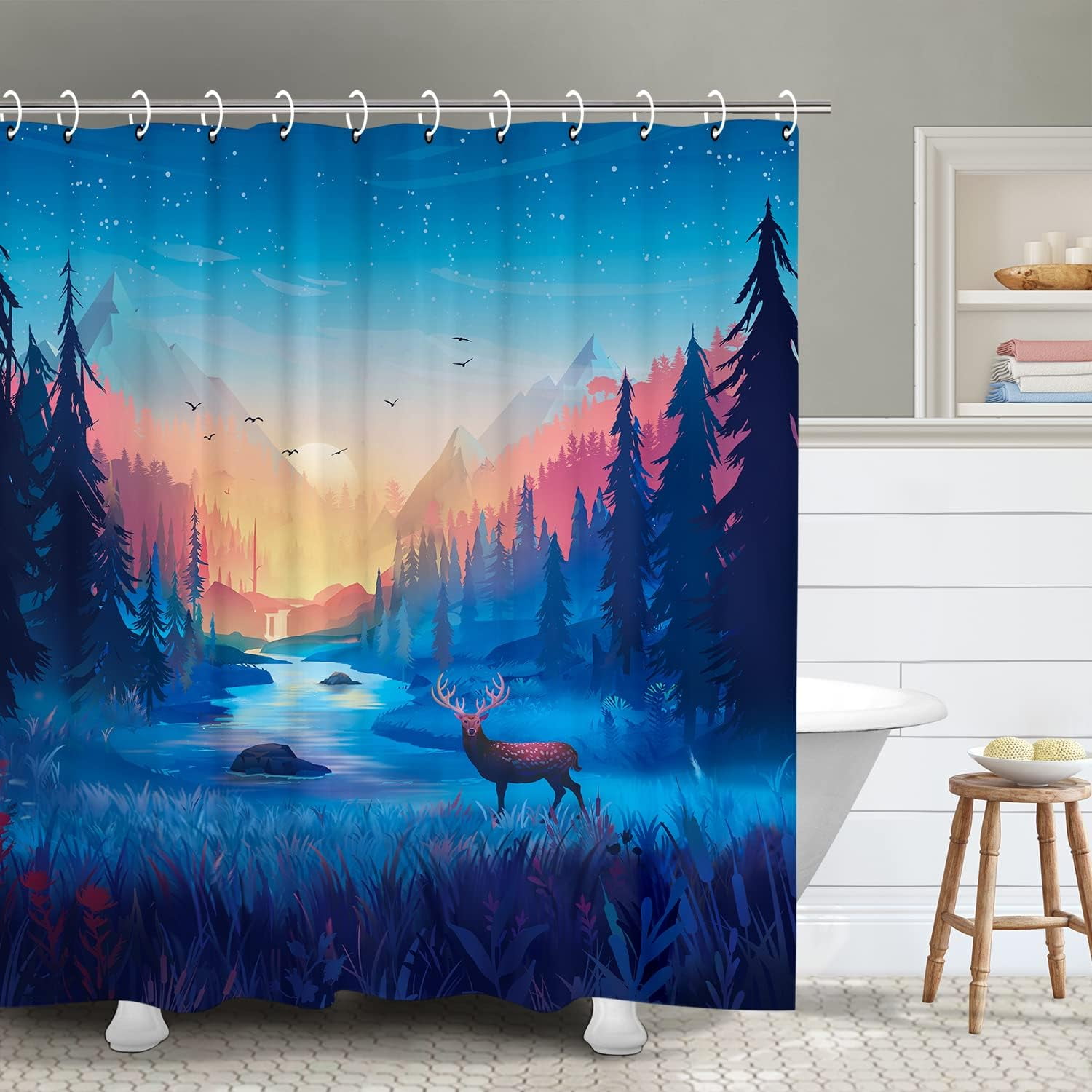 Forest Shower Curtain Nature Shower Curtains Set With 12 Hooks Deer