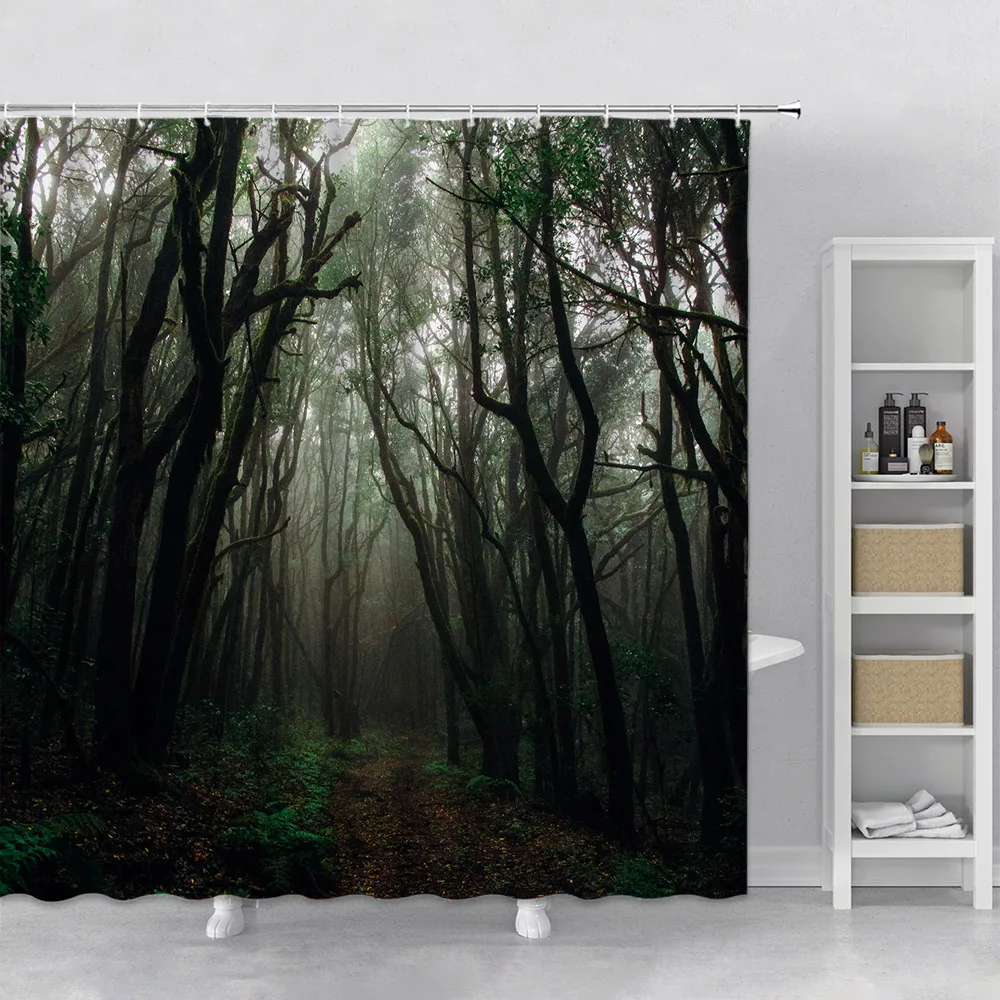 Forest Shower Curtain Path in Dark Deep in Forest with Fog Twisted Branches Picture Cloth Fabric ...