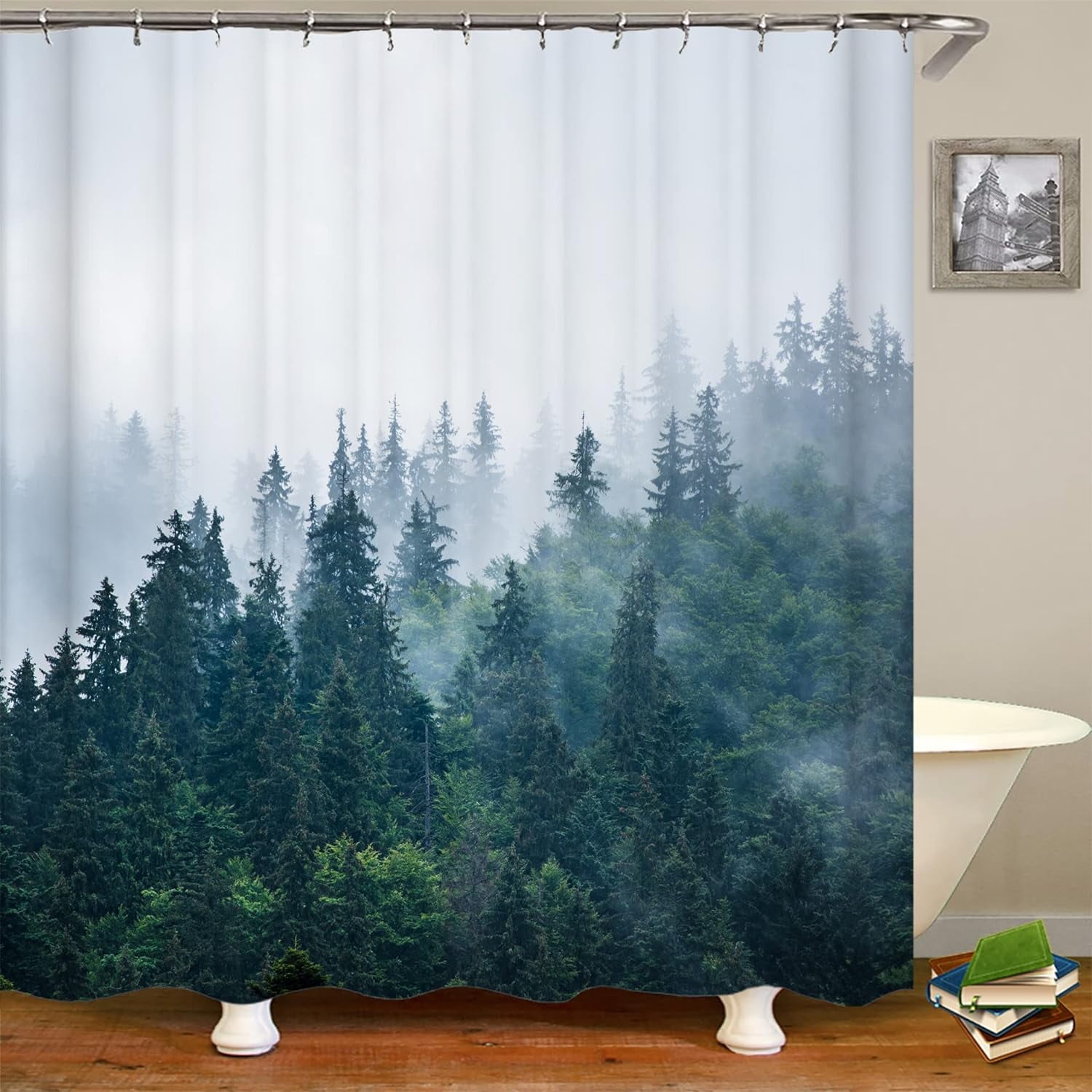 Forest Shower Curtains, Nature Misty Mountain Tree Shower Curtain Set ...