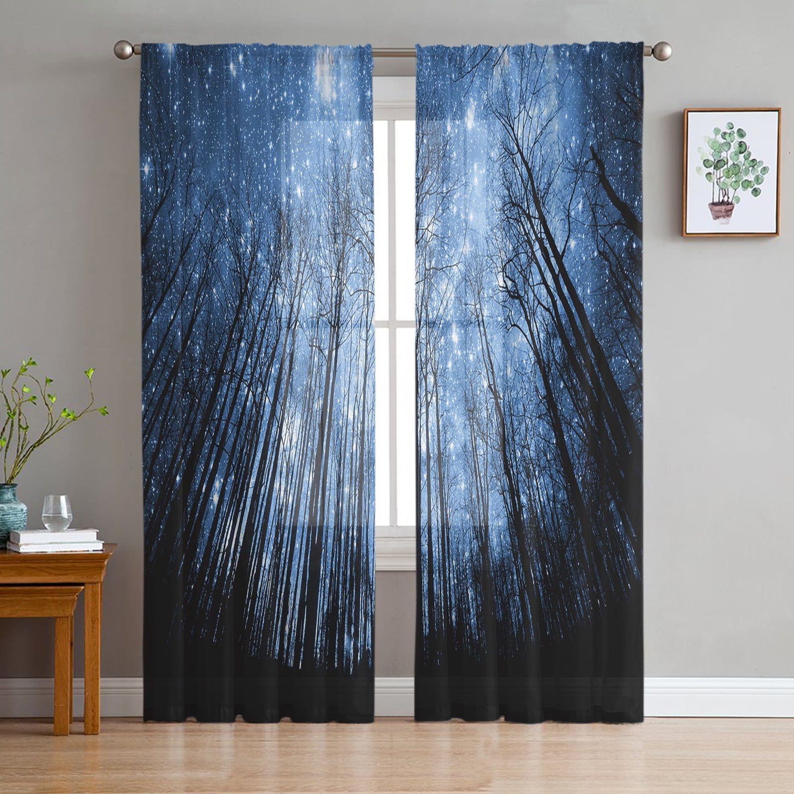 Forest Sky Stars Moon Curtain Window Tulle For Living Room Bedroom Kitchen Chiffon Sheer Window ...
