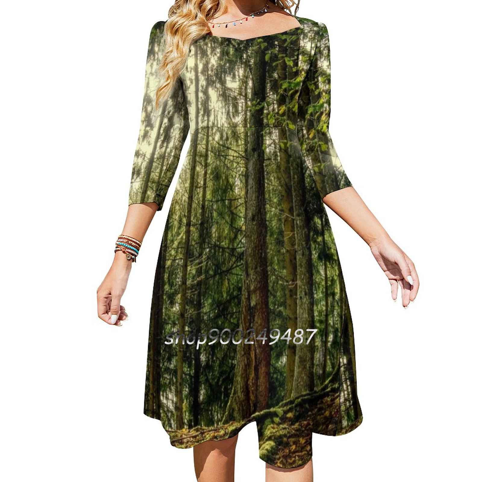 Forest Square Neck Dress Cute Loose Print Dresses Elegant Beach Party ...