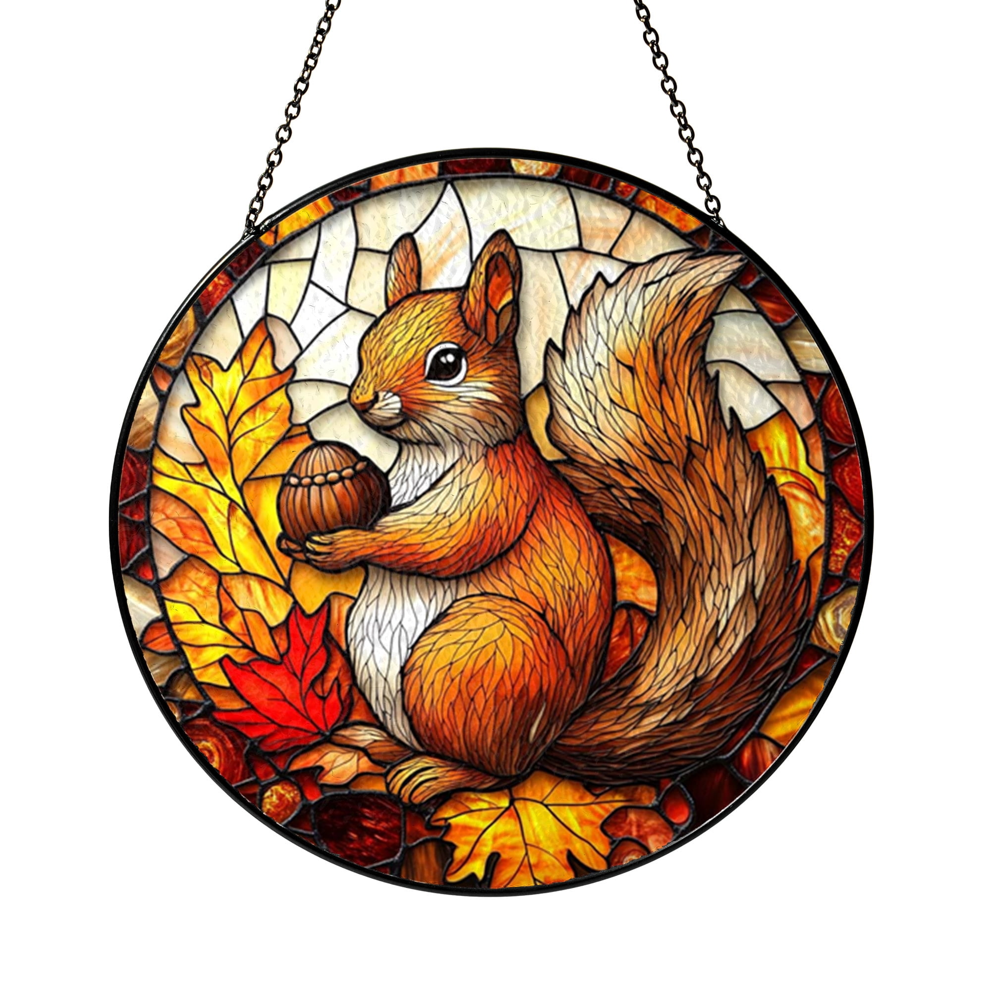 Forest Squirrel with Autumn Leaves Stained Glass Decorative Window ...