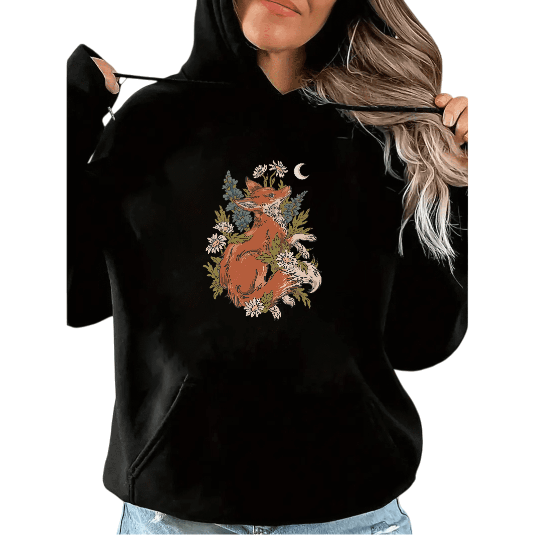 Forest-Style Moonlit Fox Art Casual Graphic Sweatshirt Print Hoodie ...