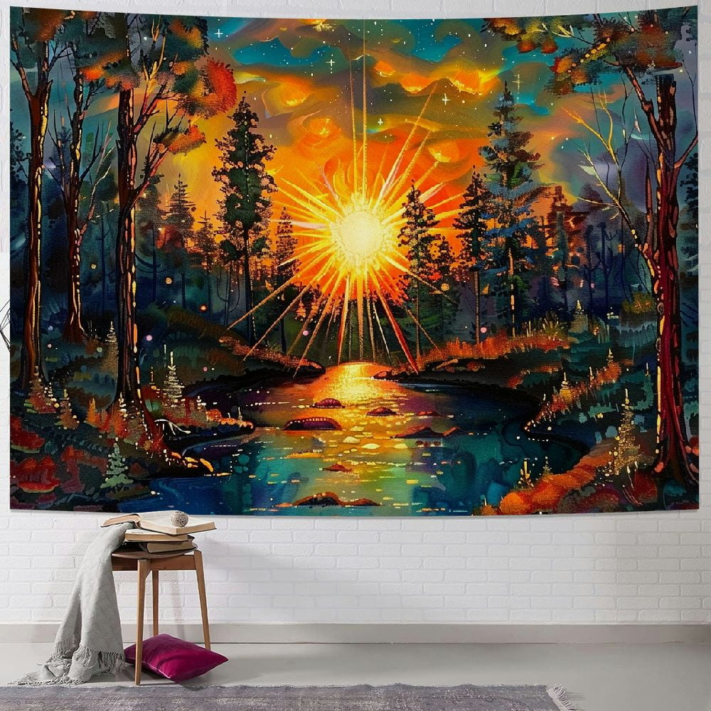 Forest Sun Tapestry Trippy Nature Tree Tapestry Hippie Boho Mountain ...
