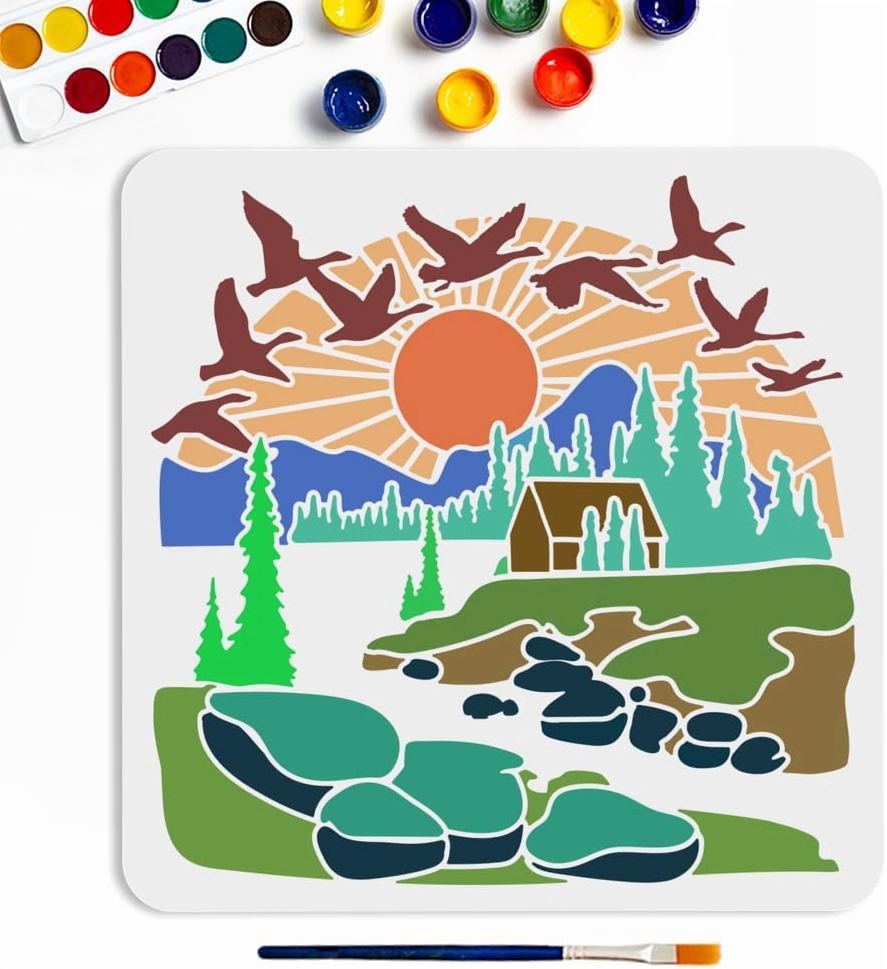 Forest Sunlight Landscape Stencils 11.8×11.8inch Large Nature Mountains ...