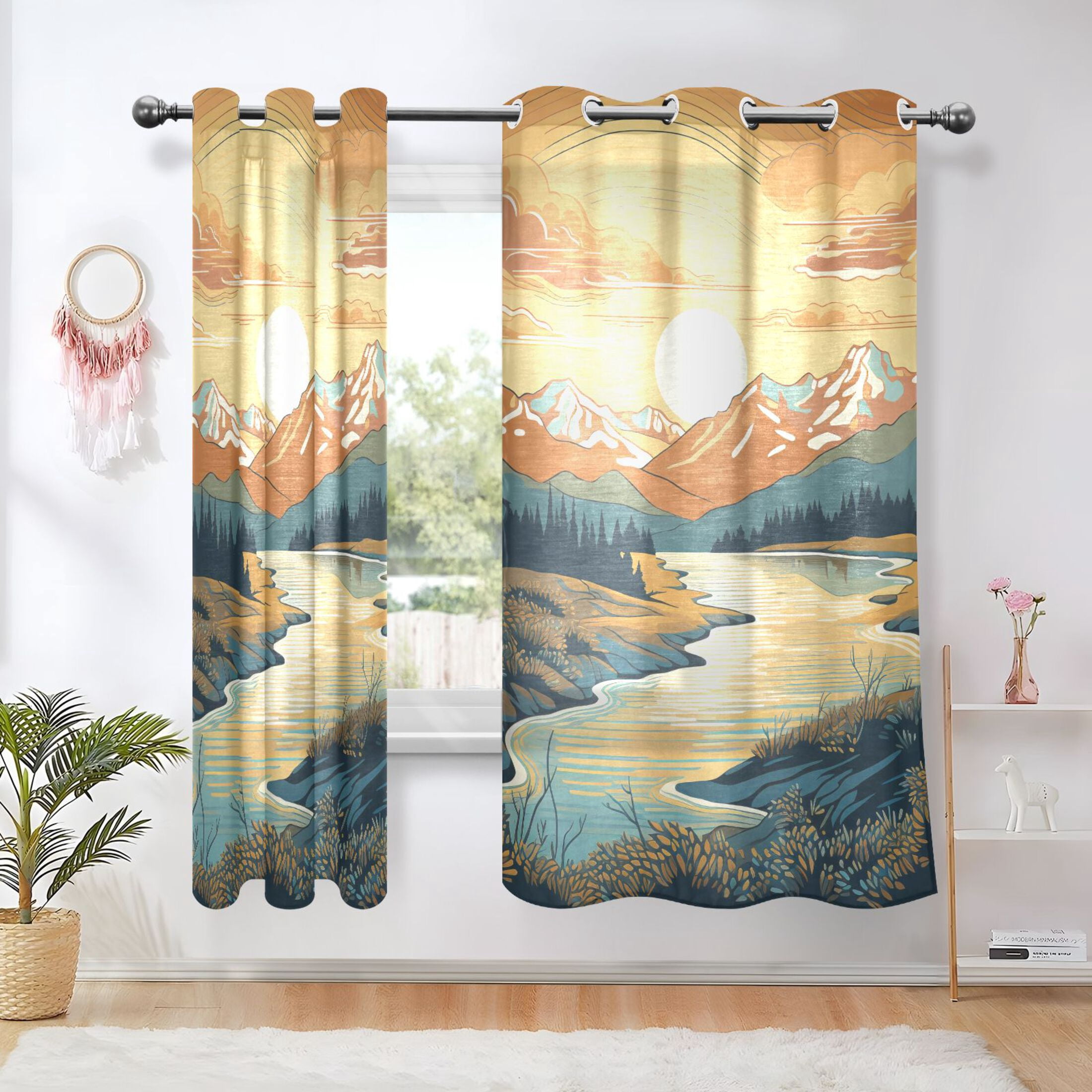 Forest Sunrise Lack Mount Sheer Curtains 2 Panels Set Grommet Drapes ...