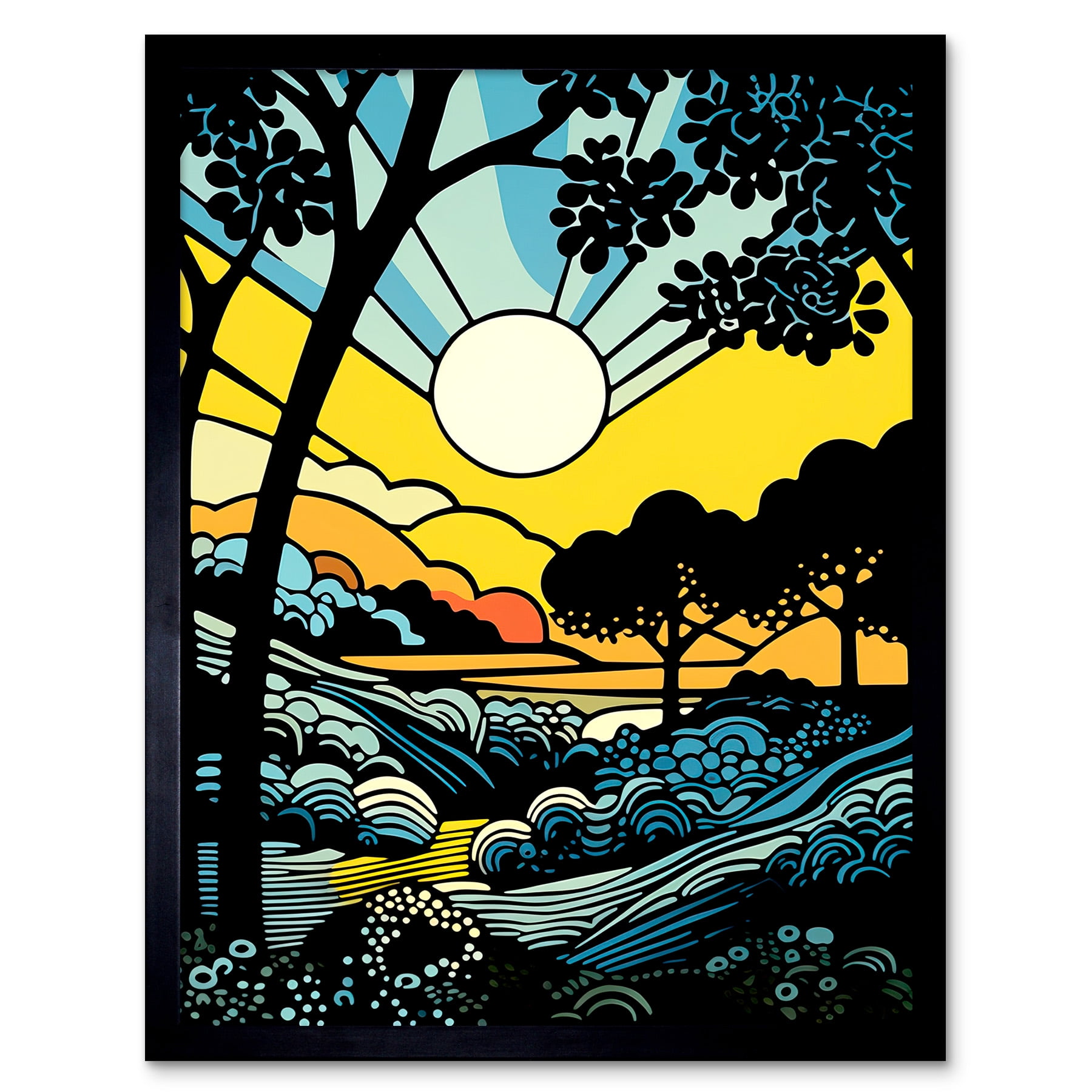 Forest Sunrise Landscape Sun Rays Patterns Blue Orange Pop Art Comic ...