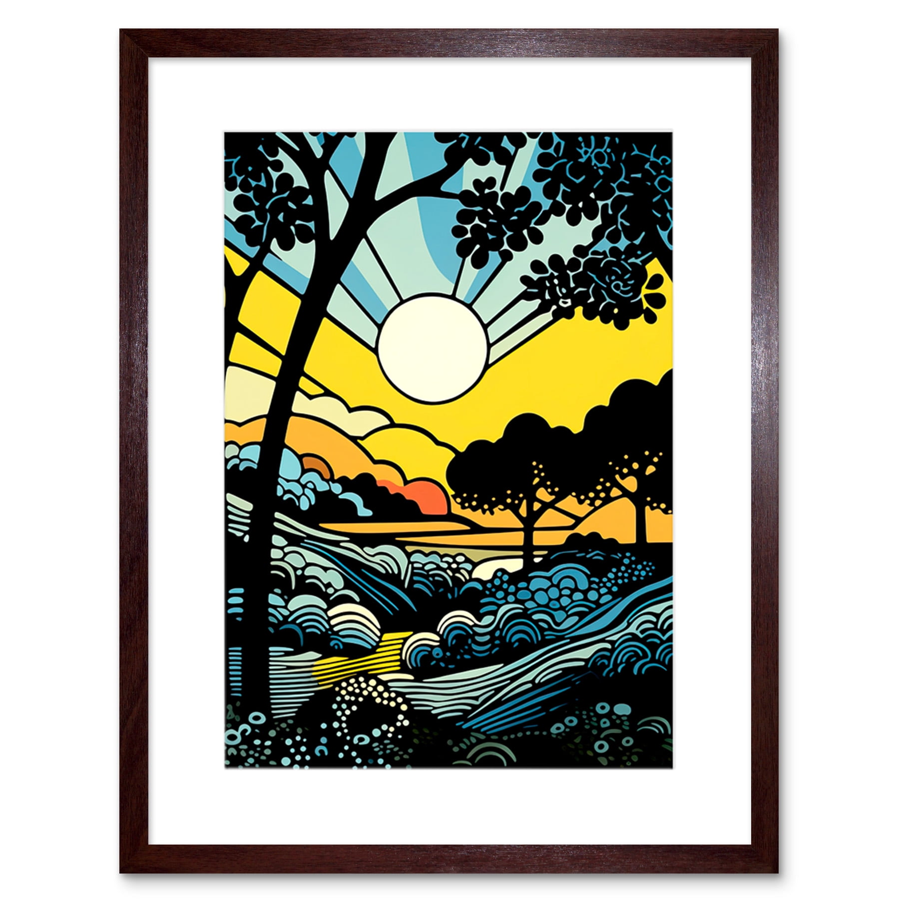 Forest Sunrise Landscape Sun Rays Patterns Blue Orange Pop Art Comic ...