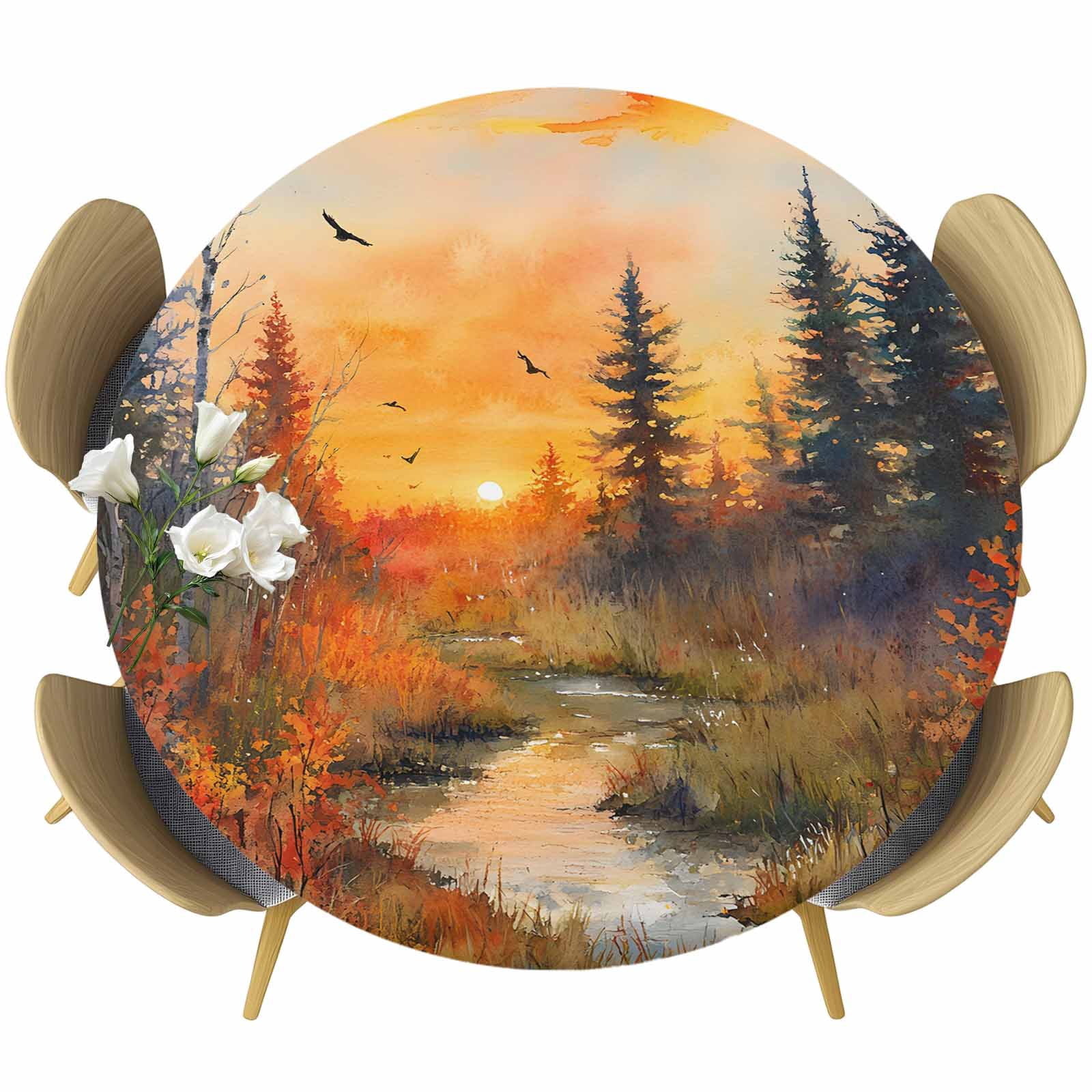 Forest Sunset Round Tablecloth, Fitted Table Cover with Elastic for 36 ...