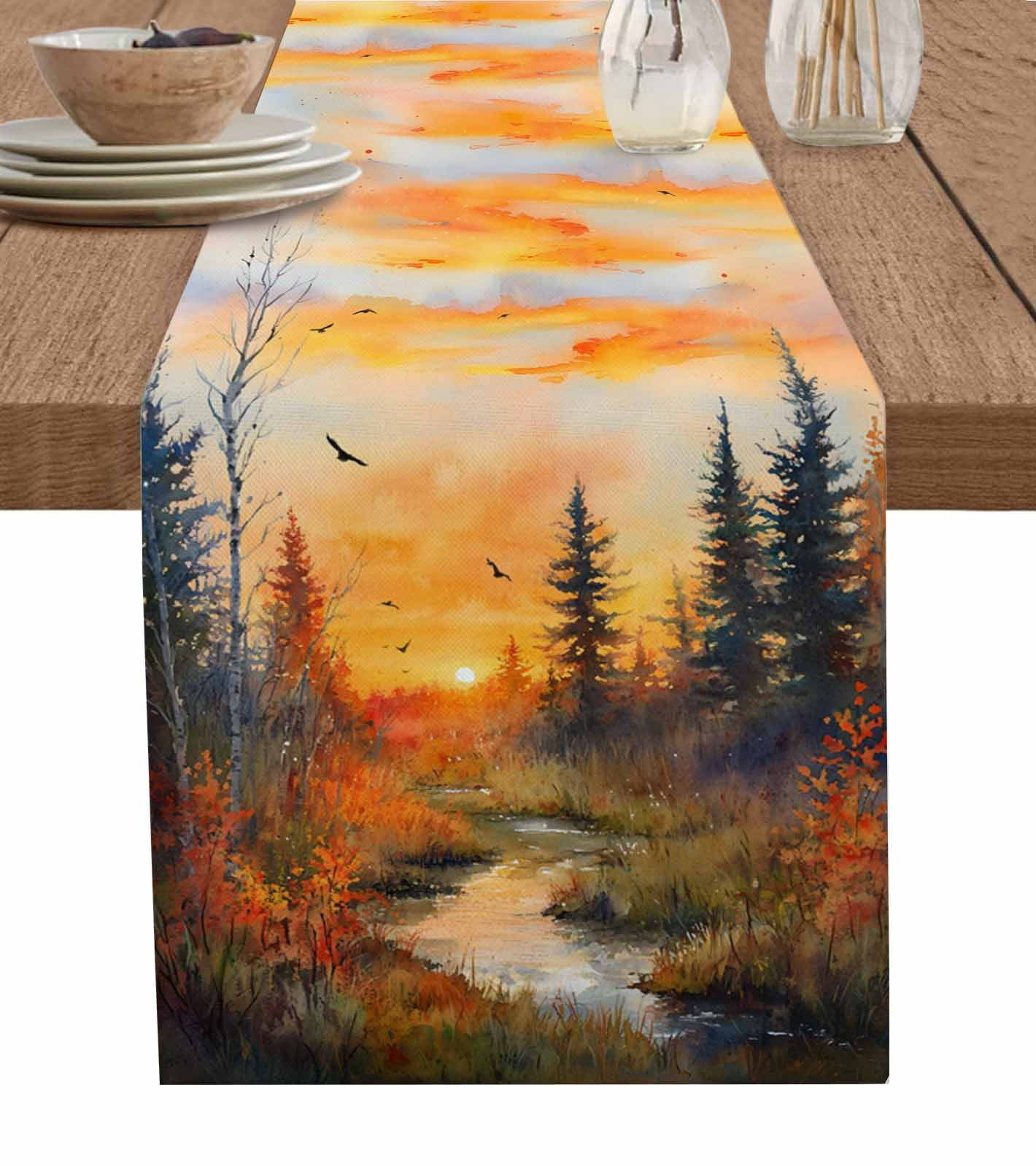 Forest Sunset Table Runner 72 Inches, Farmhouse Orange Sky Nature ...