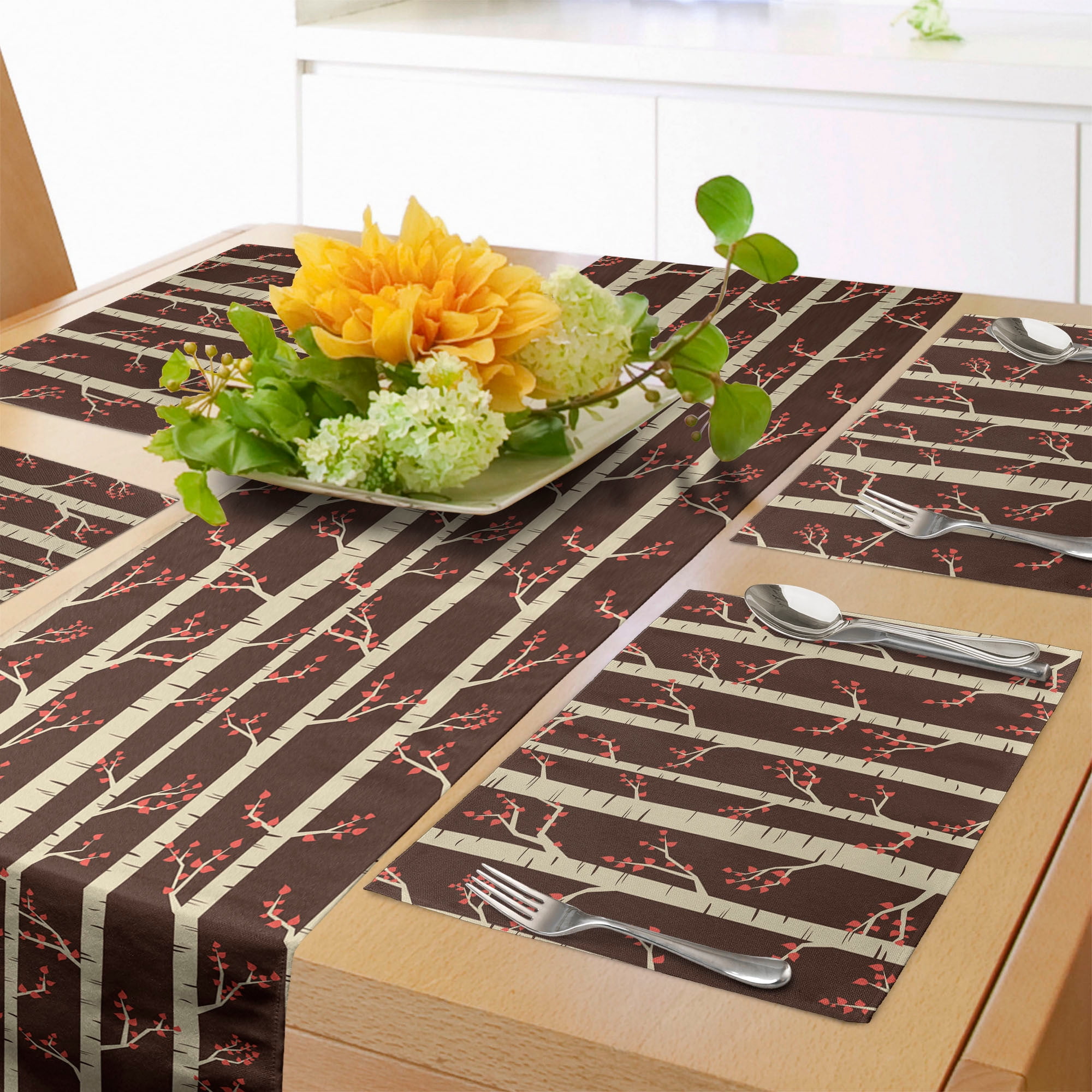 Forest Table Runner & Placemats, Abstract Pattern with Birch Trees in ...