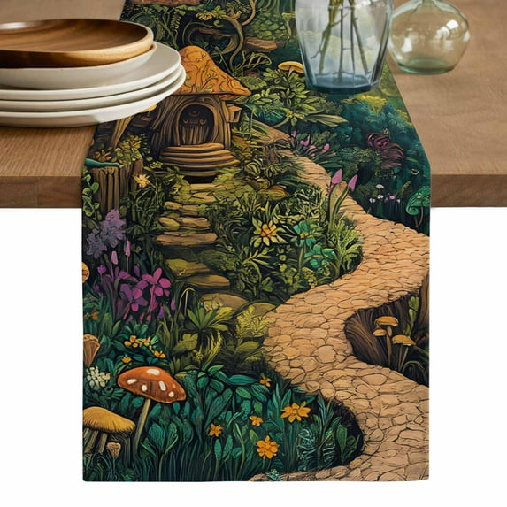 Forest Table Runner, Vintage Cottage Mushroom Tree Floral Green ...