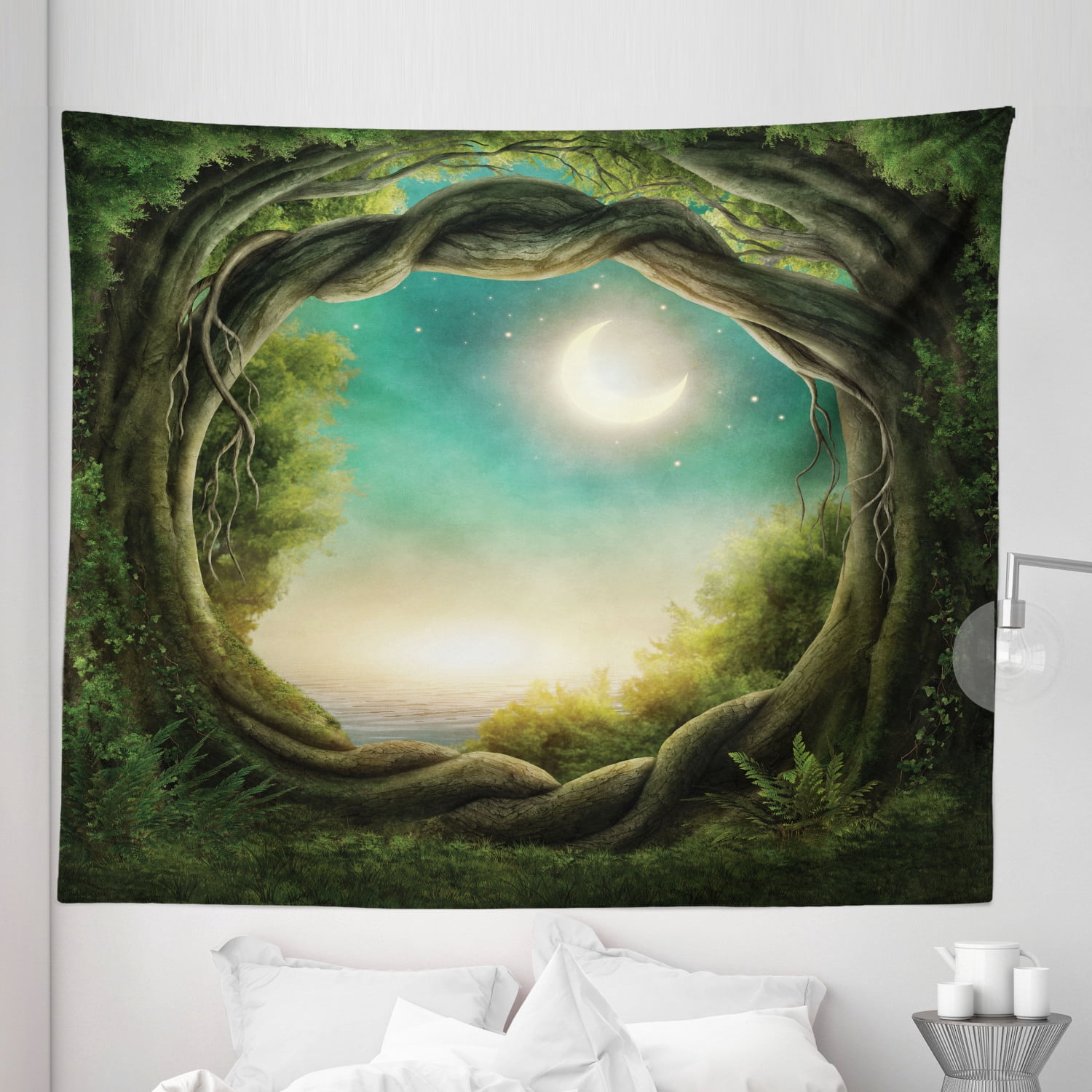 Forest Tapestry, Curly Branches Trees in Enchanted Forest Full Moon in ...