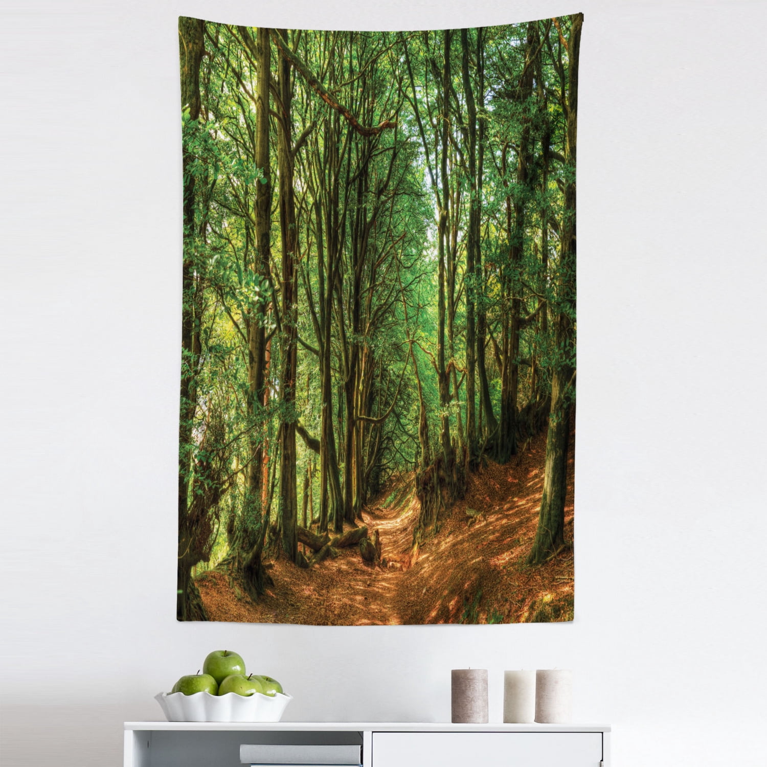 Forest Tapestry, Forest Scene Trees and Pathway Foliage Trunk Greenery ...