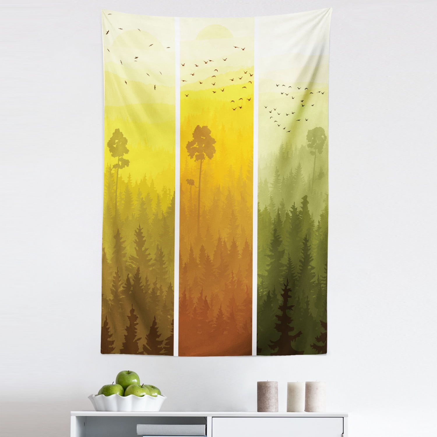 Forest Tapestry, Vertical Banners with Hills Trees and Birds Views from ...