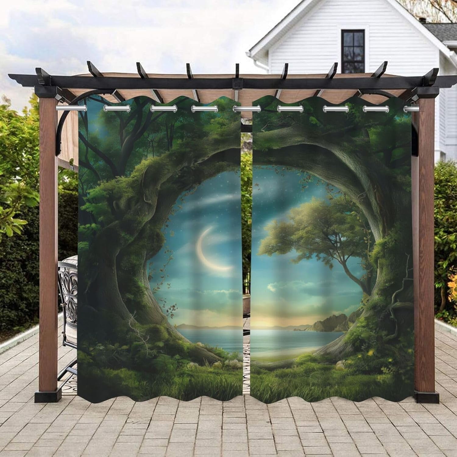 Forest Theme Outdoor Curtains for Patio Waterproof,Trees Moon Lake Pattern,UV and Fade Resistant ...