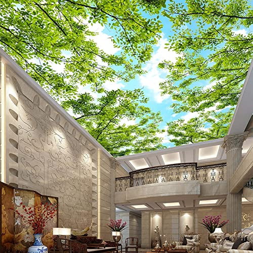 Forest Themed Ceiling Blue Sky White Clouds 3D Photo Wallpaper, Green ...