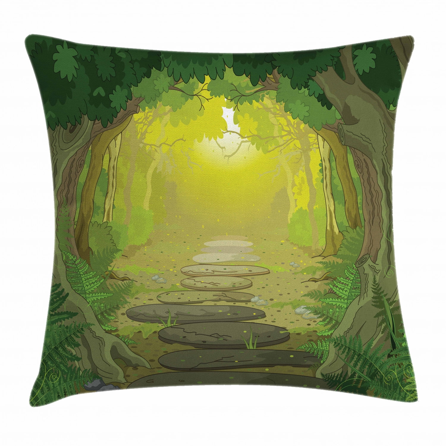 Forest Throw Pillow Cushion Cover, Magical Pathway with Trees and Ferns ...