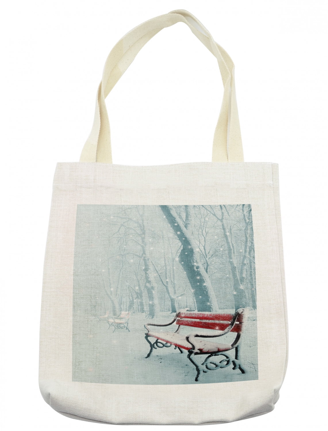 Forest Tote Bag, Row Iced Red Benches in a Park's Pathway Misty ...