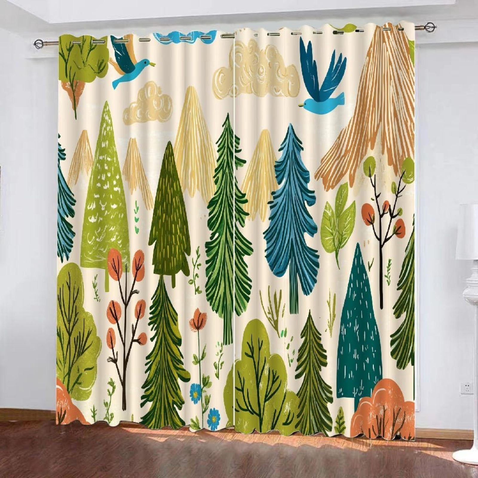Forest Tree Bird Window Curtain, 3D Cartoon Print Blackout Curtains, 2 ...