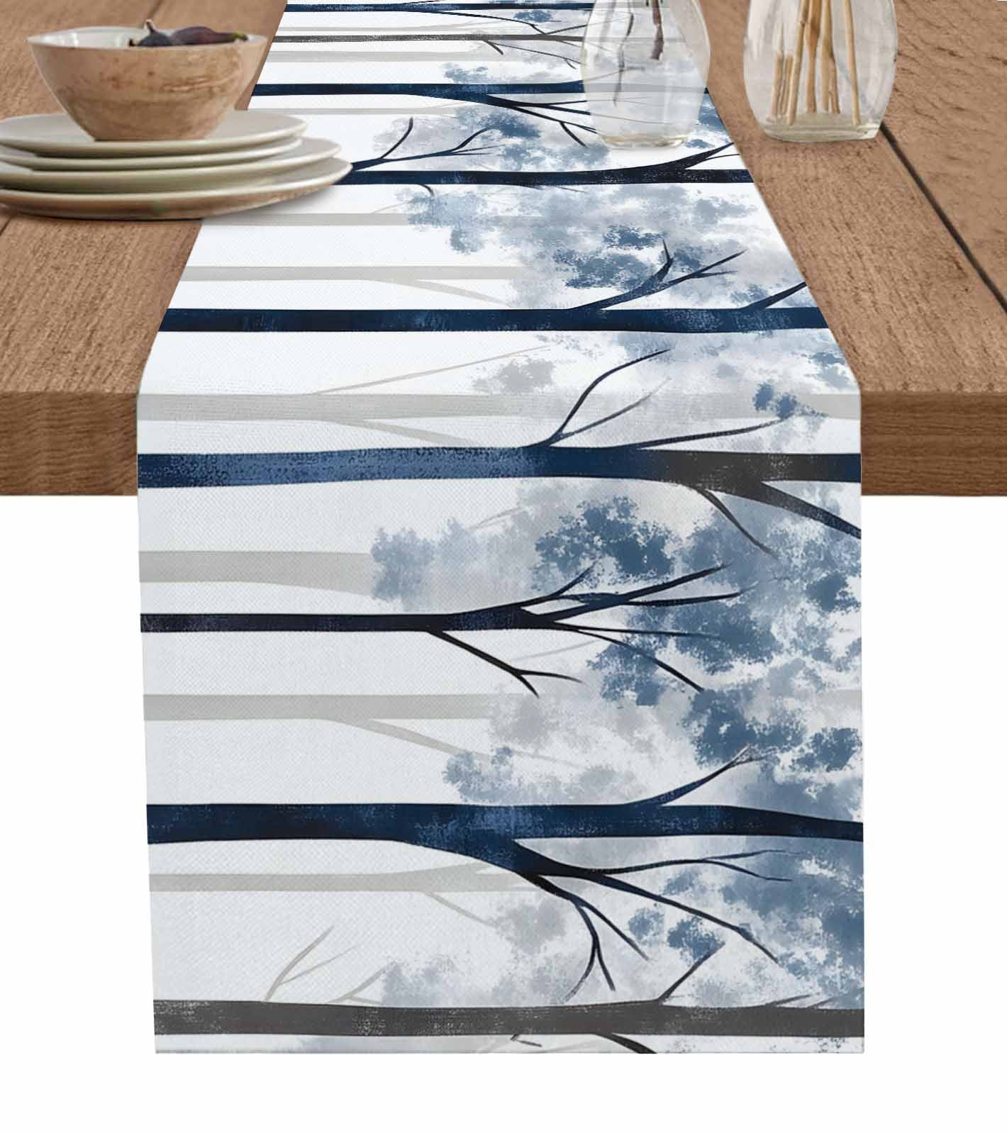 Forest Tree Burlap Cotton Table Runner 13x60 Inches Long, Blue ...