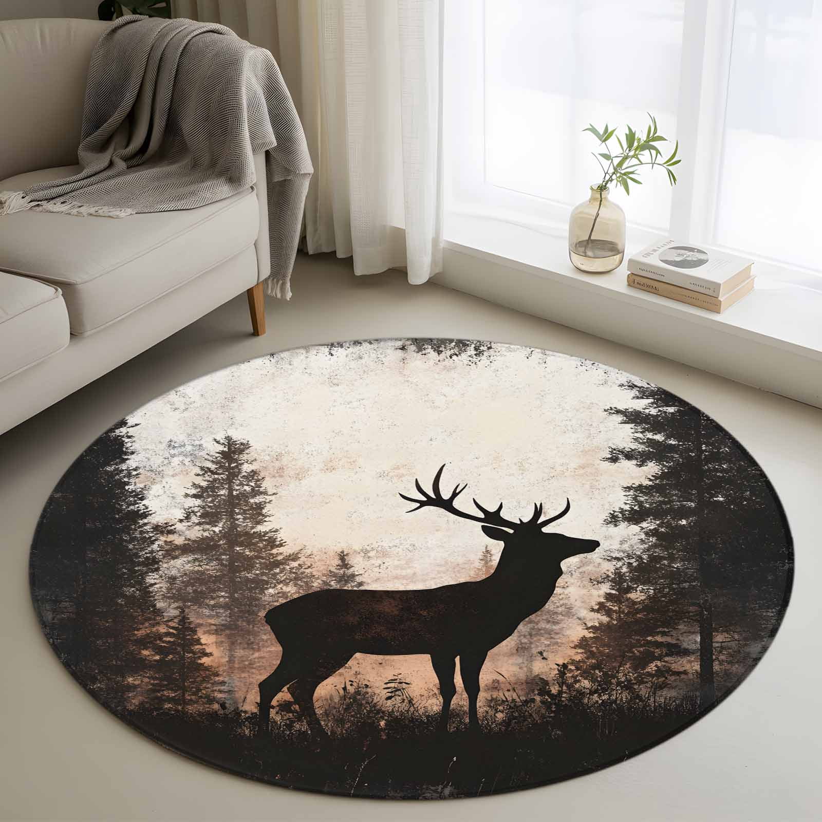 Forest Tree Elk Round Area Rug 3 FT, Small Kitchen Bathroom Mats ...