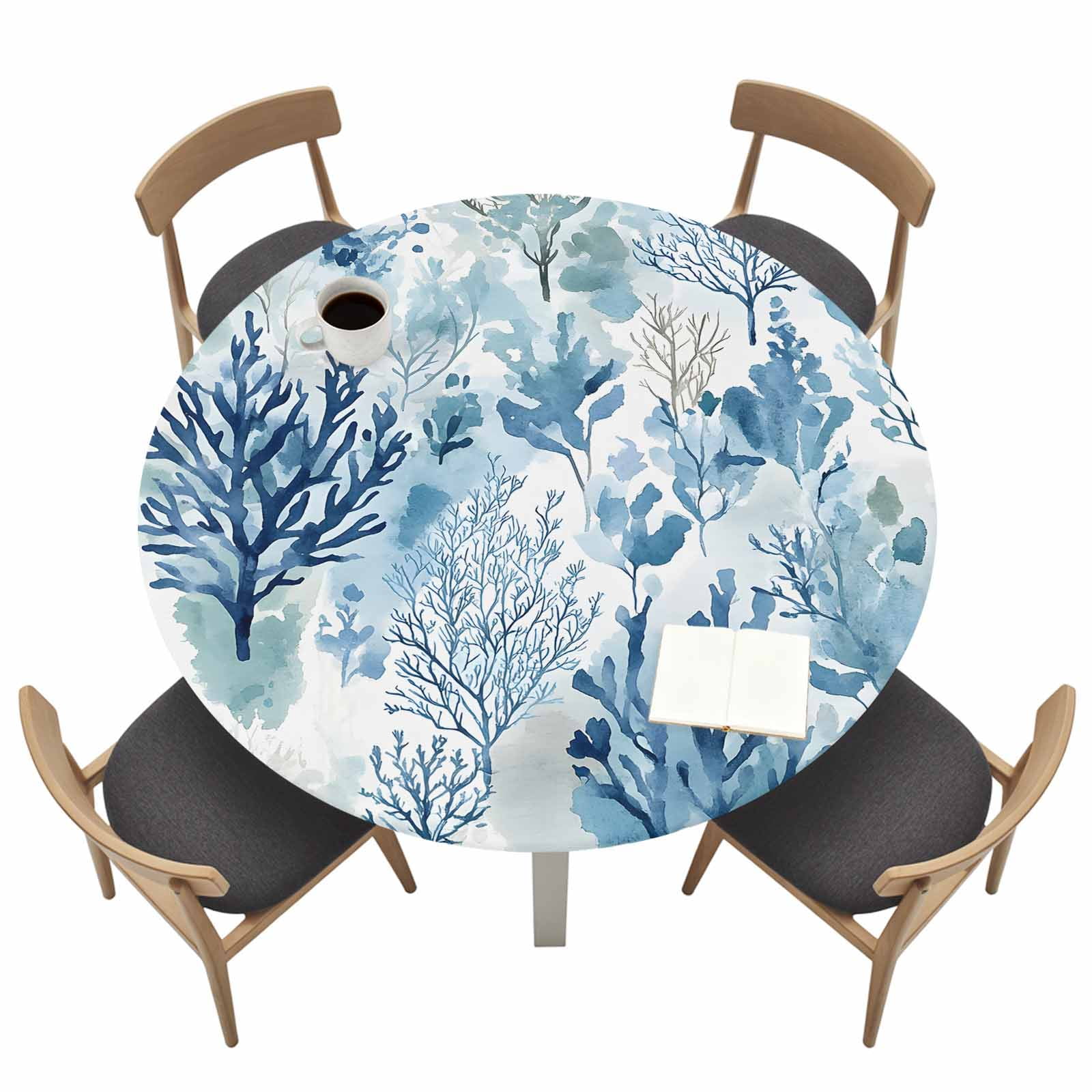 Forest Tree Round Fitted Tablecloth with Elastic Edge Blue Plant Branch ...