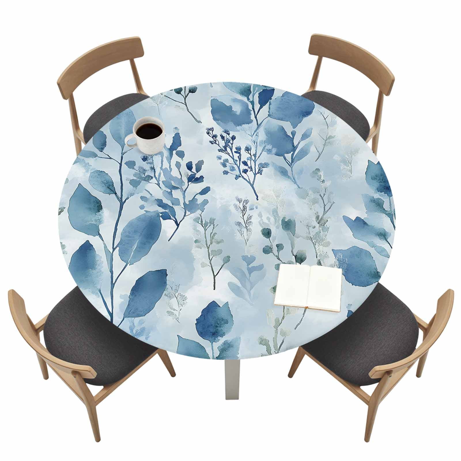 Forest Tree Round Fitted Tablecloth with Elastic Edge Blue Plant Leaf ...