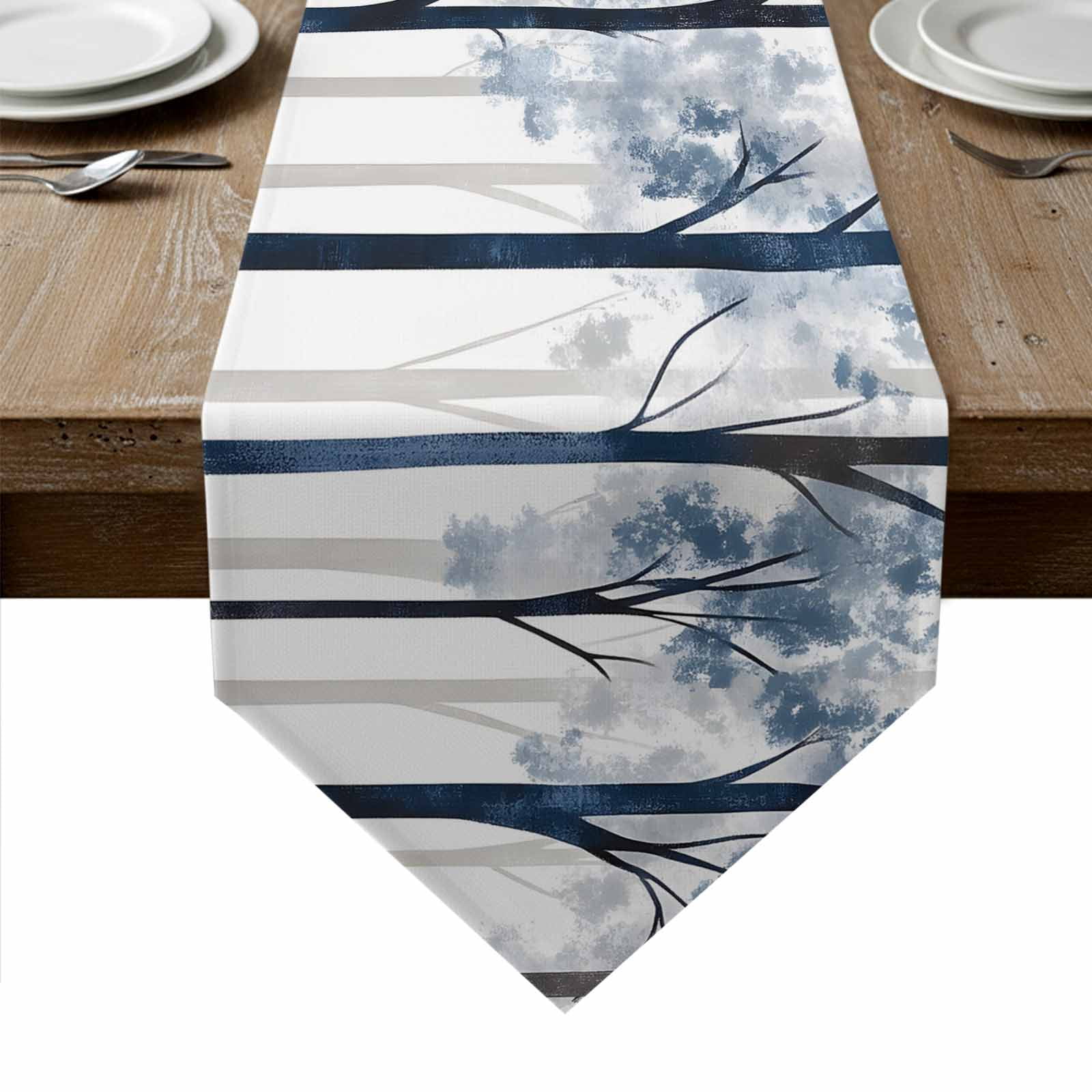 Forest Tree Table Runner Linen Burlap Table Runner 120 Inches Long Blue ...