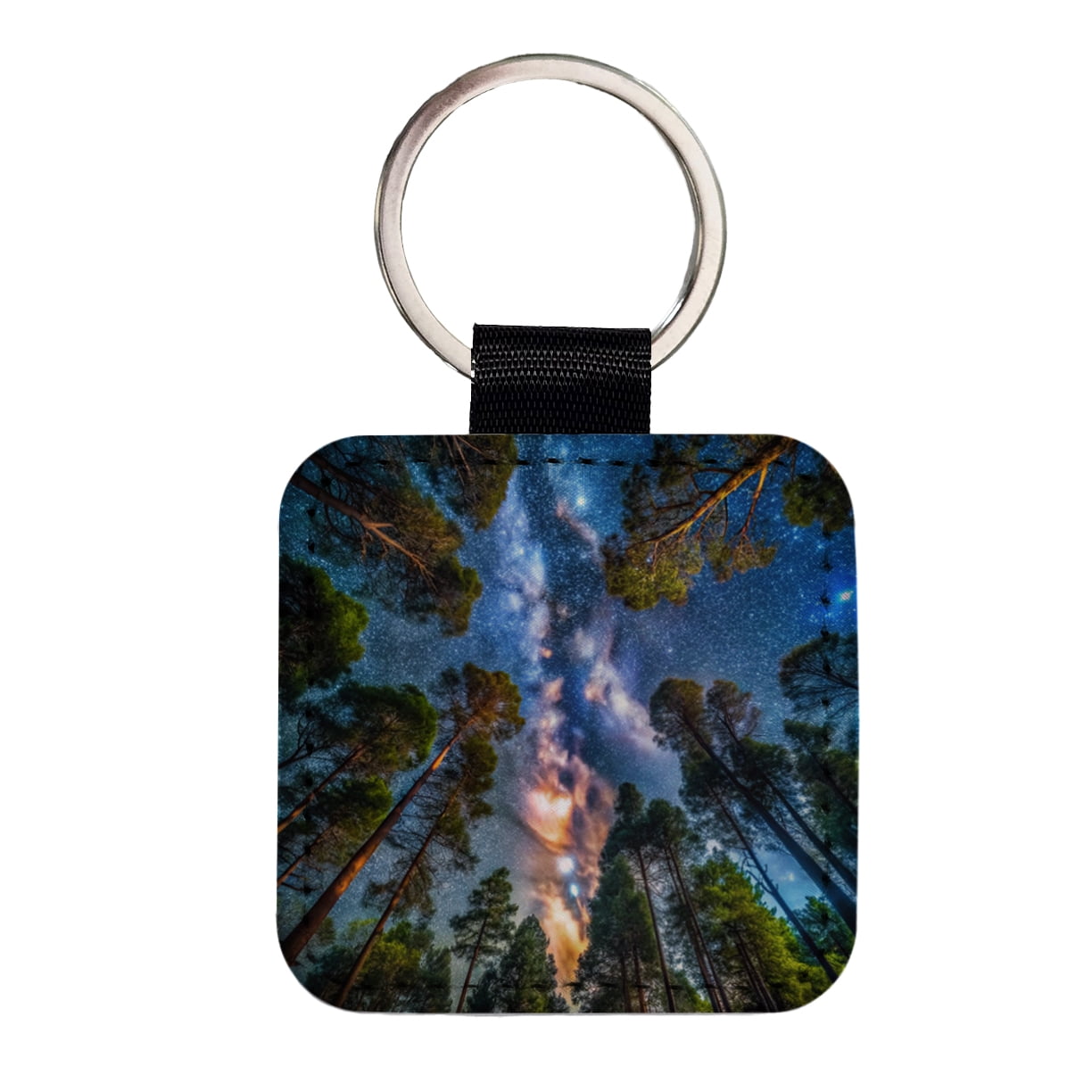 Forest Trees and Starry Night Sky Faux Leather Square Keychain ...