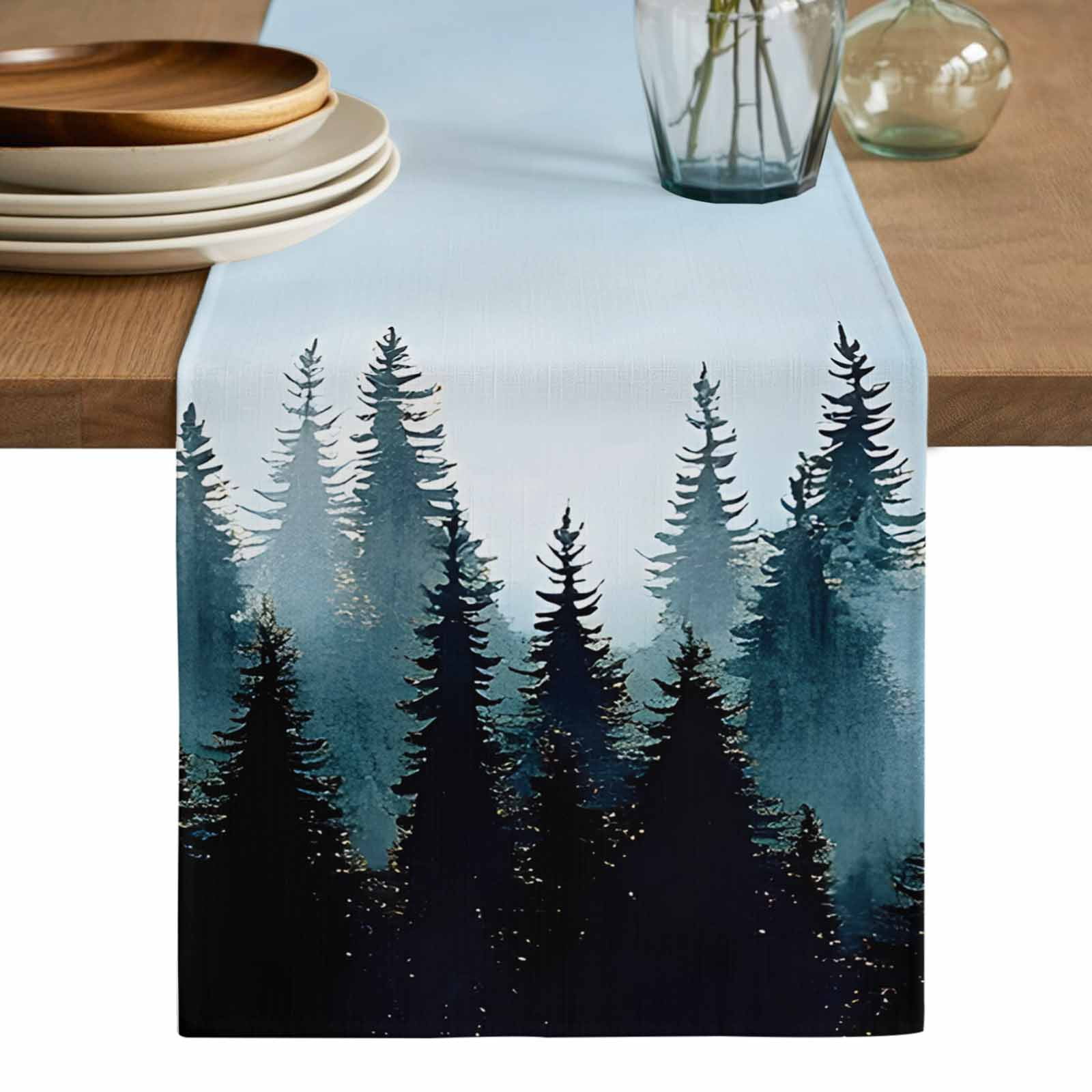 Forest Turquoise Table Runner, Retro Trees Silhouette Landscape ...