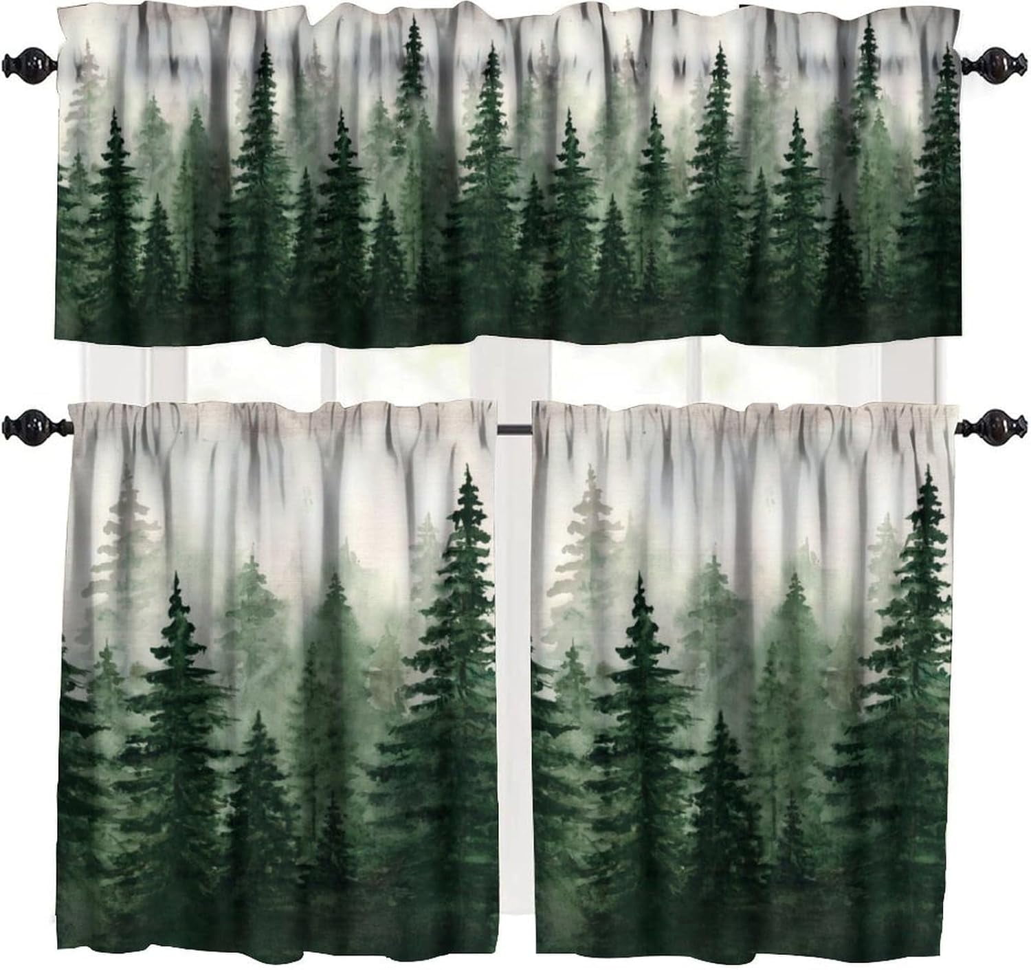 Forest Valances Set for Kitchen 3 Pcs,Watercolor Nature Fog Coniferous ...