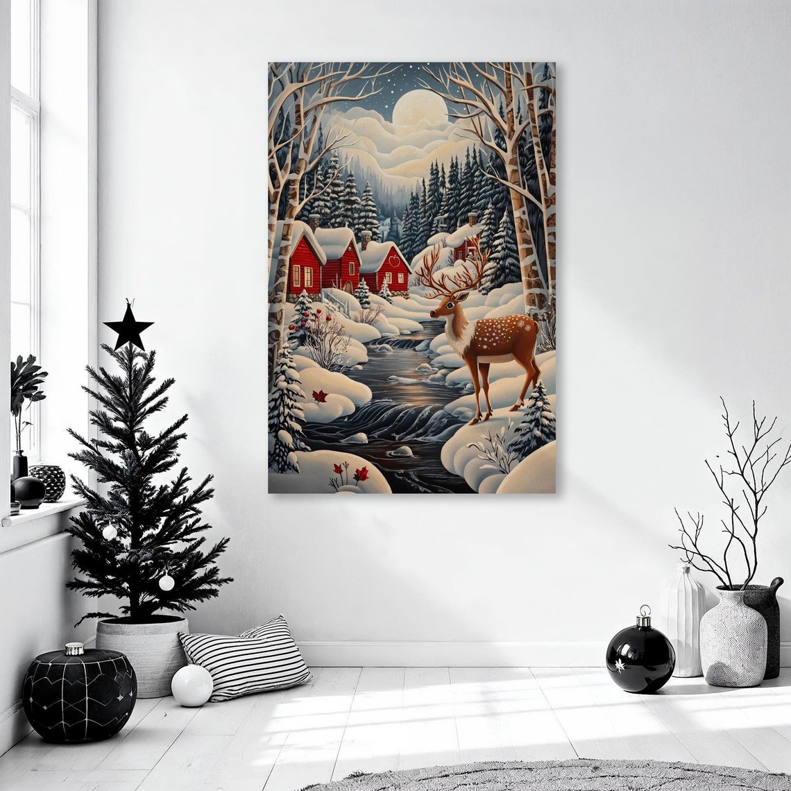 Forest Village With Deer Wall Art Snowy Mountain River Poster Winter ...