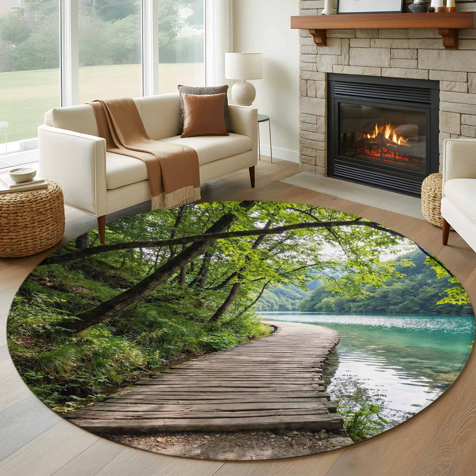 Forest Walkway Washable Round Area Rug 6 ft, Lake Serene Wooden Bridge ...