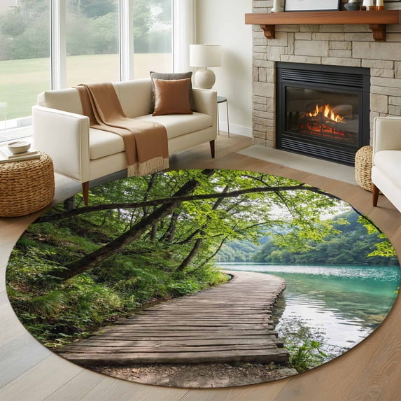 Forest Walkway Washable Round Area Rug 6 ft, Lake Serene Wooden Bridge ...