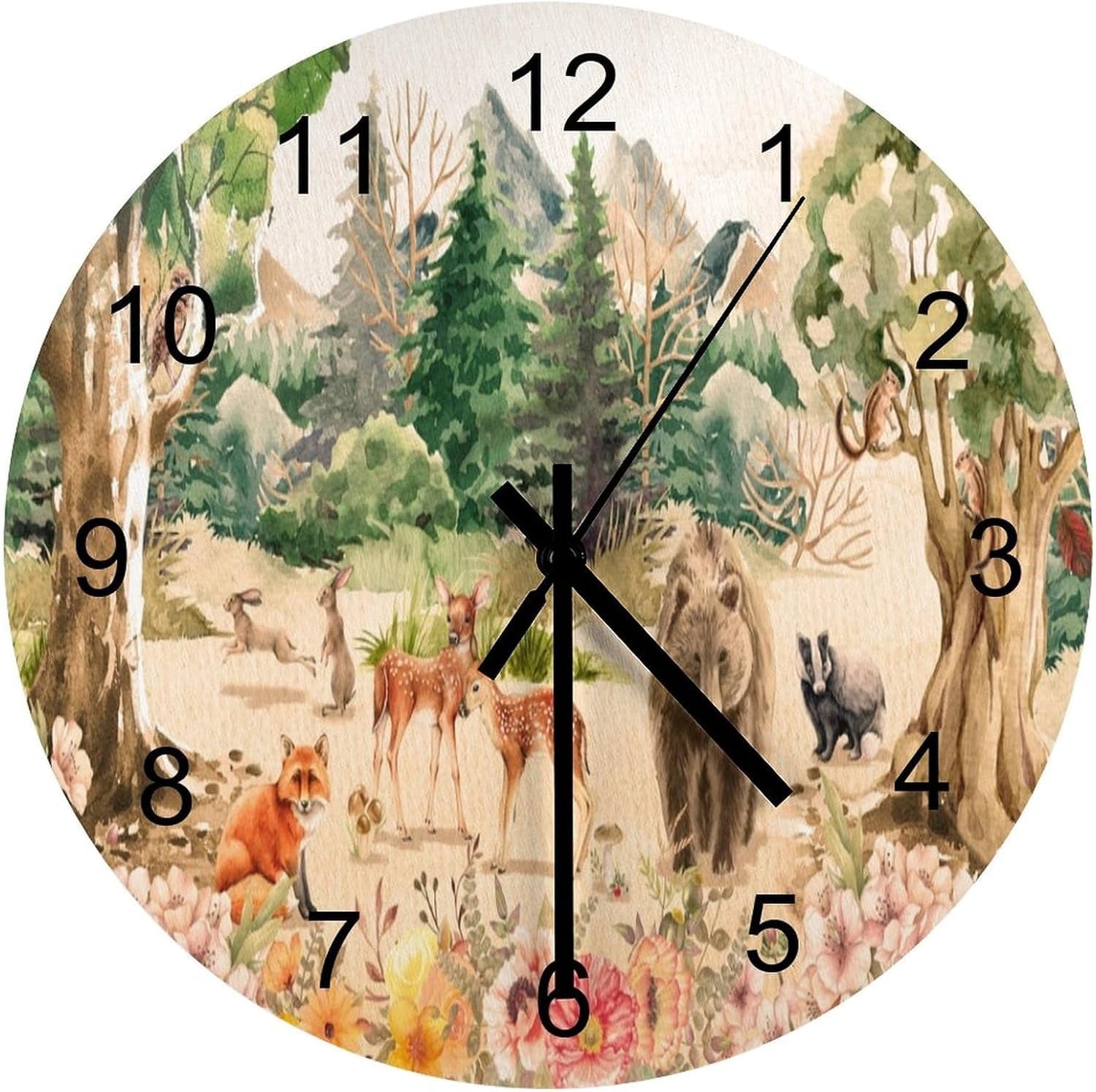 Forest Wall Clock, Watercolor Mountain Forest Nature Tree Woodland ...