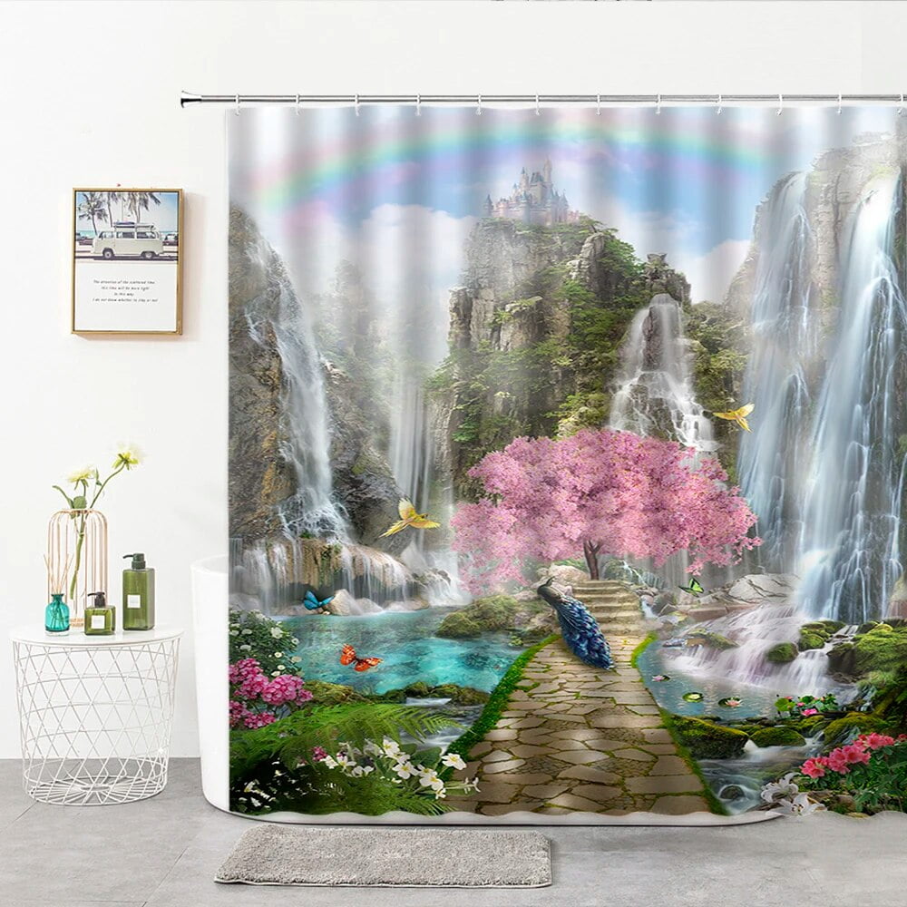 Forest Waterfall Landscape Scenery Safflower Green Leaves Shower ...